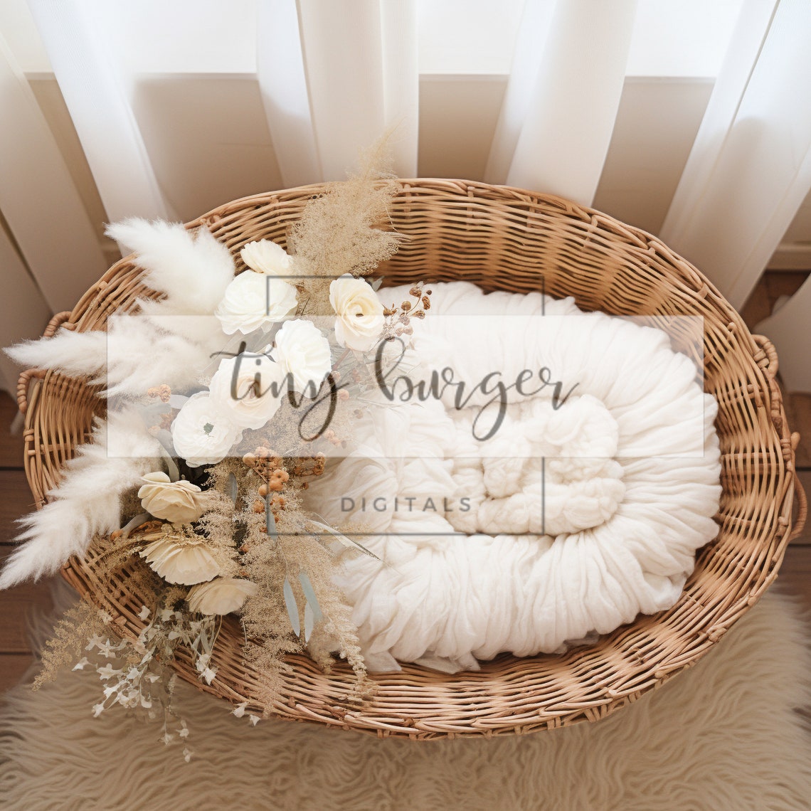Boho Wicker Basket Newborn Digital Backdrop Beige White Floral Round ...
