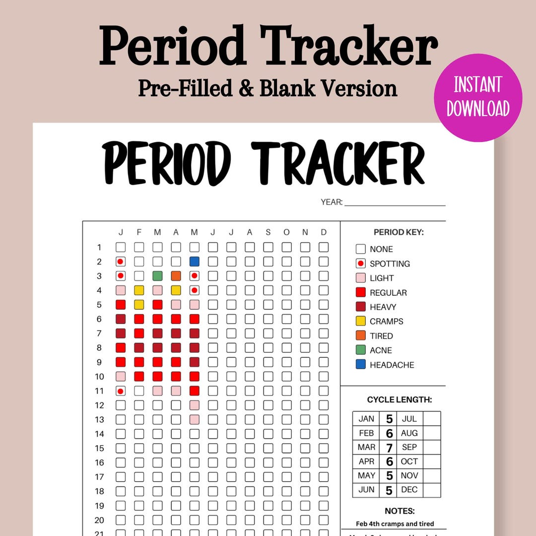 Period Tracker Printable, Period Calendar, Menstrual Symptoms, Cycle ...