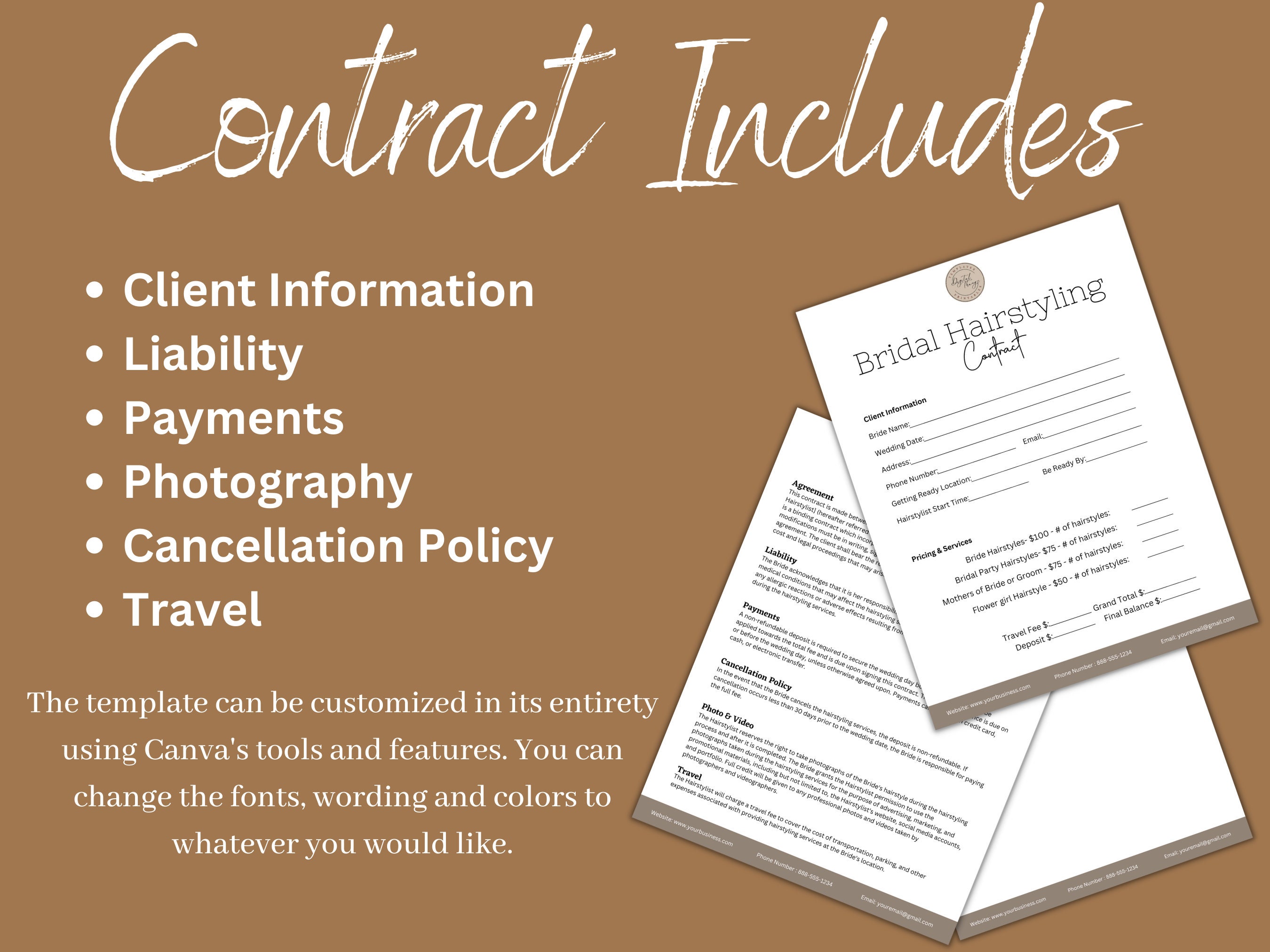 Bridal Hair Contract, Bridal Hair Styling Template, Bridal Contract ...