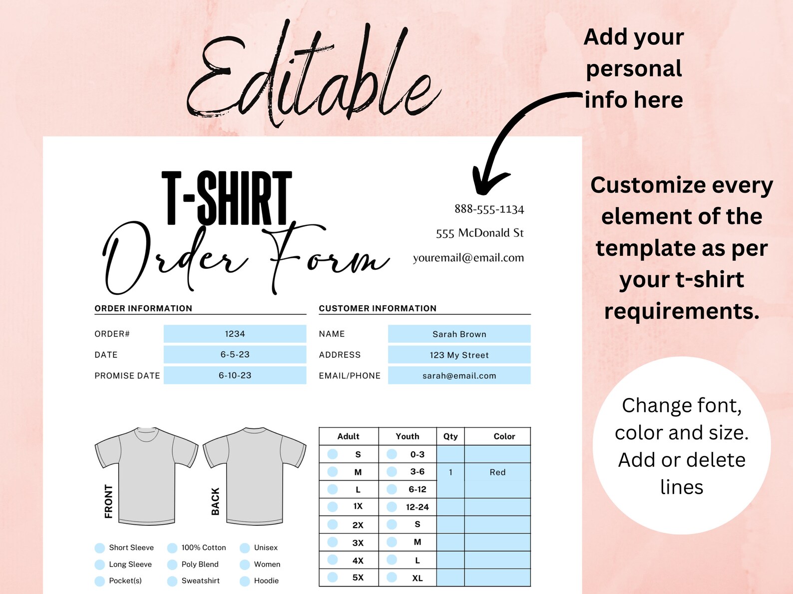 Shirt Order Form, Editable T-shirt Order Form Template, Custom Order ...