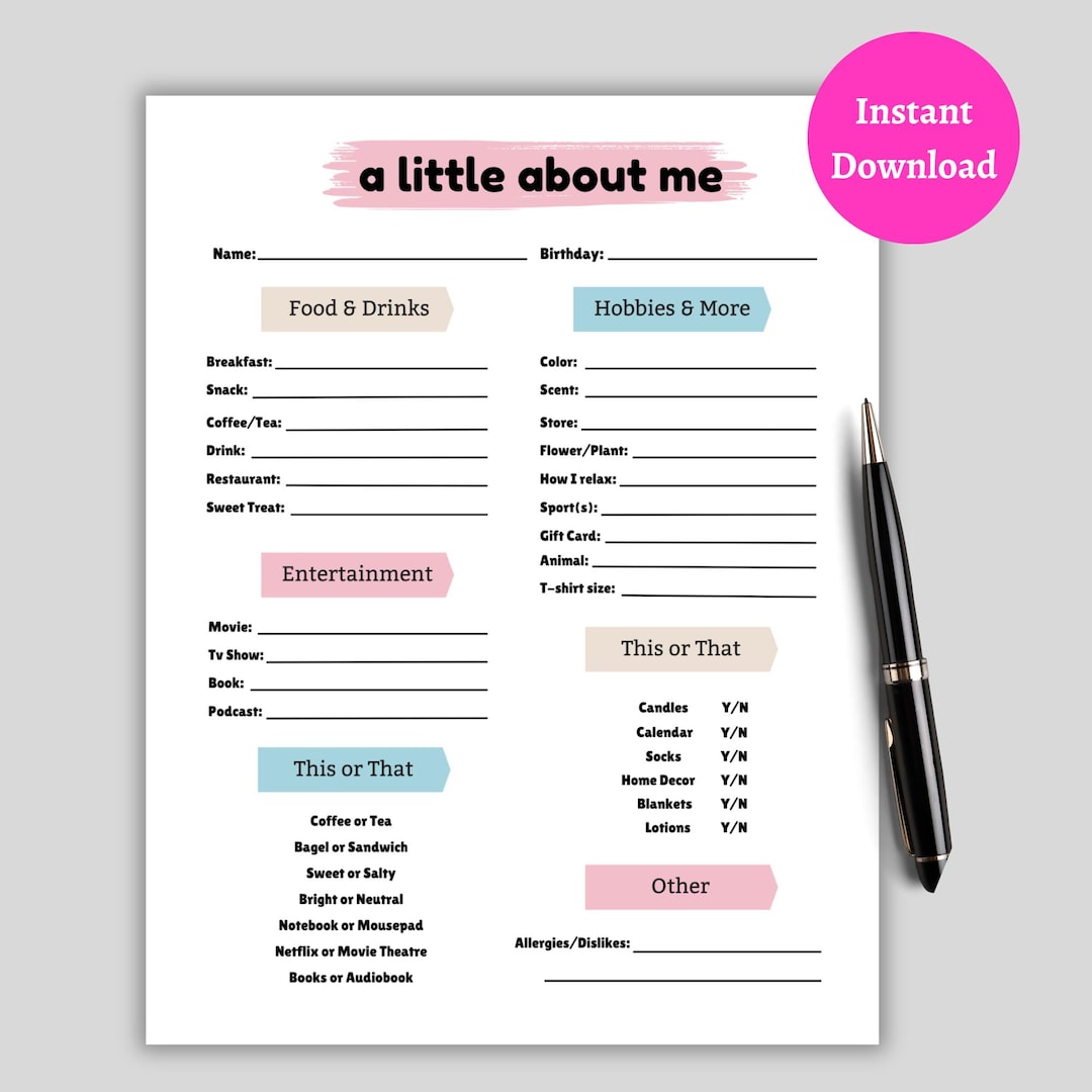 Team Building Get to Know Me Questionnaire, A Little About Me Printable ...