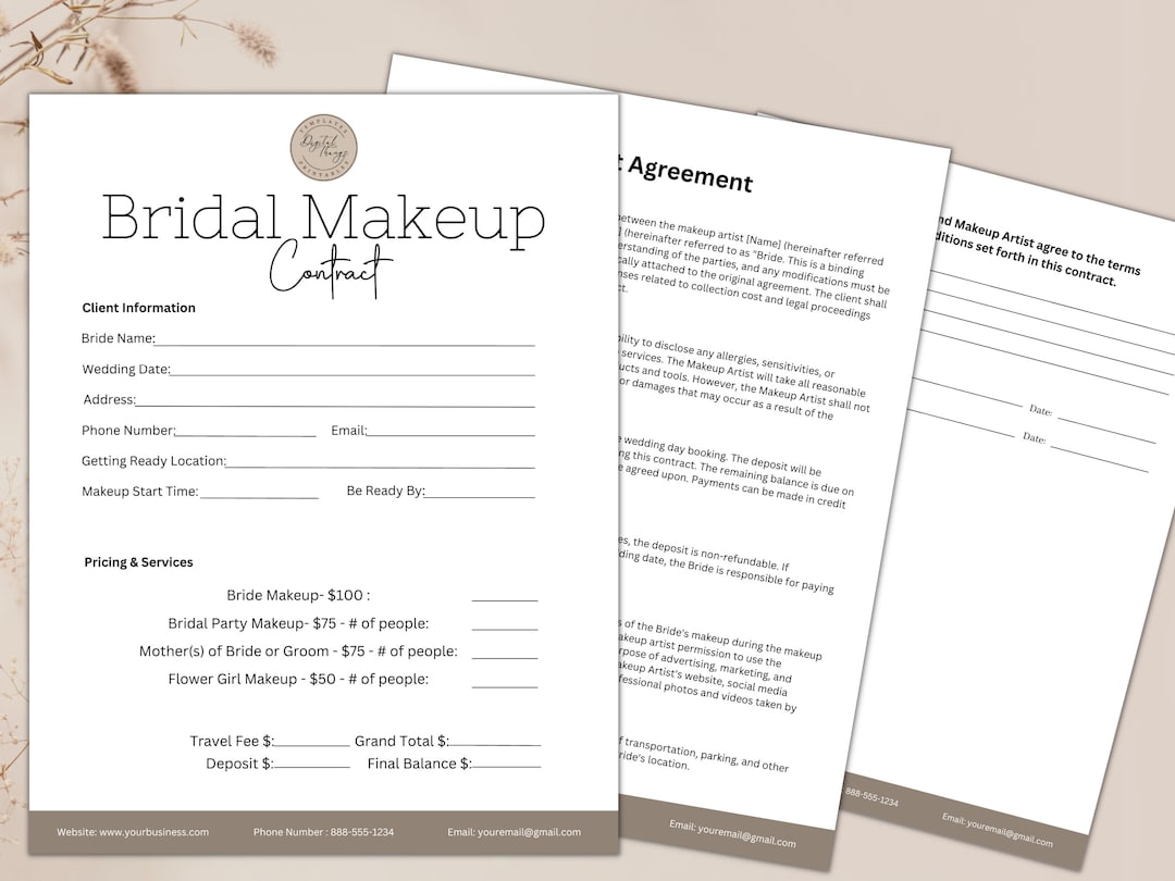 Bridal Makeup Contract, Editable Bridal Makeup Artist Contract Template ...