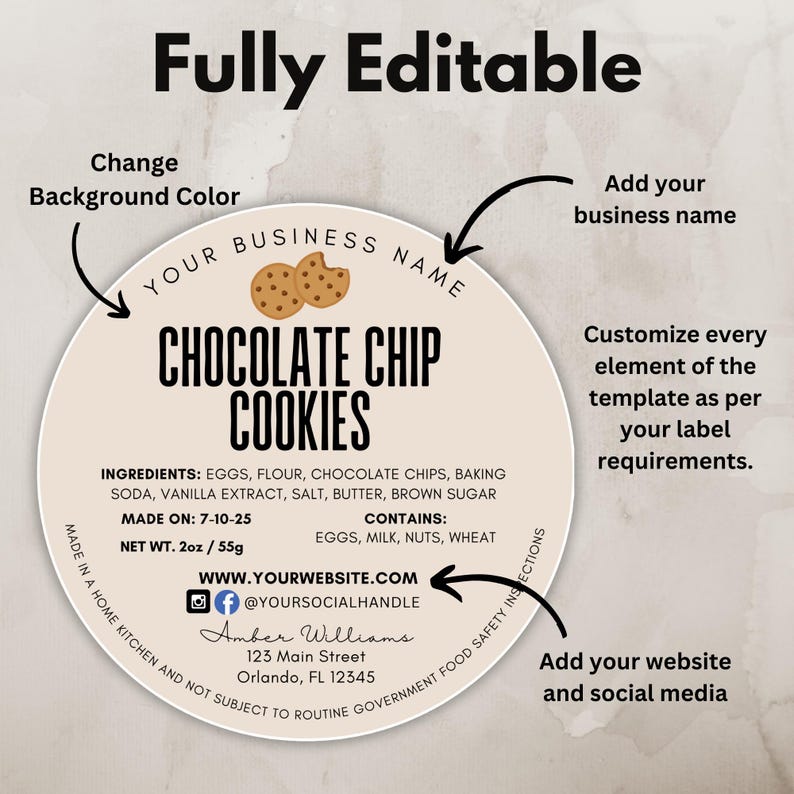 Editable Cottage Food Label, DIY Bakery Label, Printable Food ...