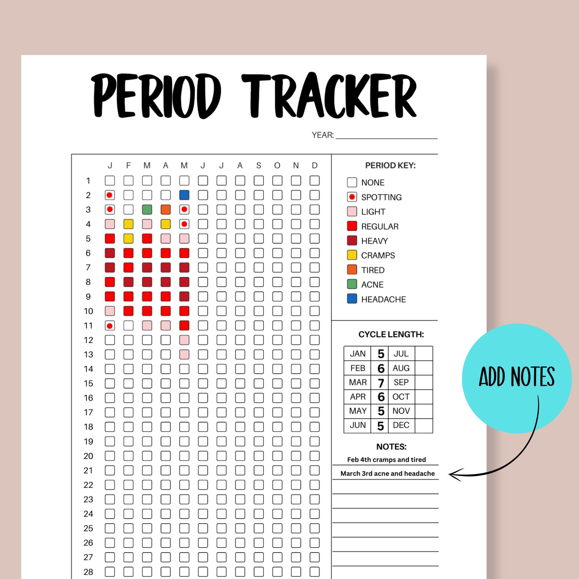 Period Tracker Printable, Period Calendar, Menstrual Symptoms, Cycle ...