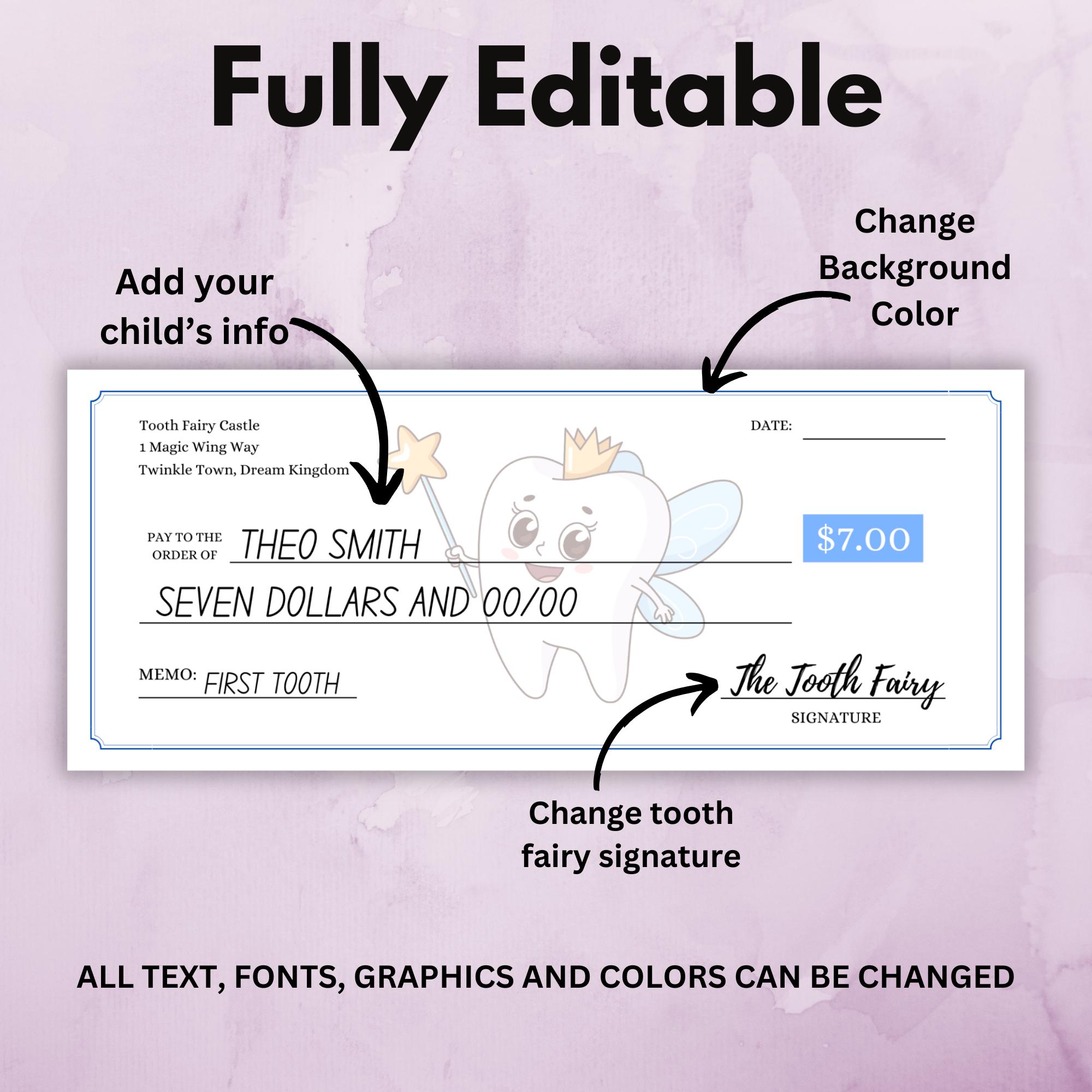 Editable Tooth Fairy Check Template for Kids, Printable Lost Tooth ...