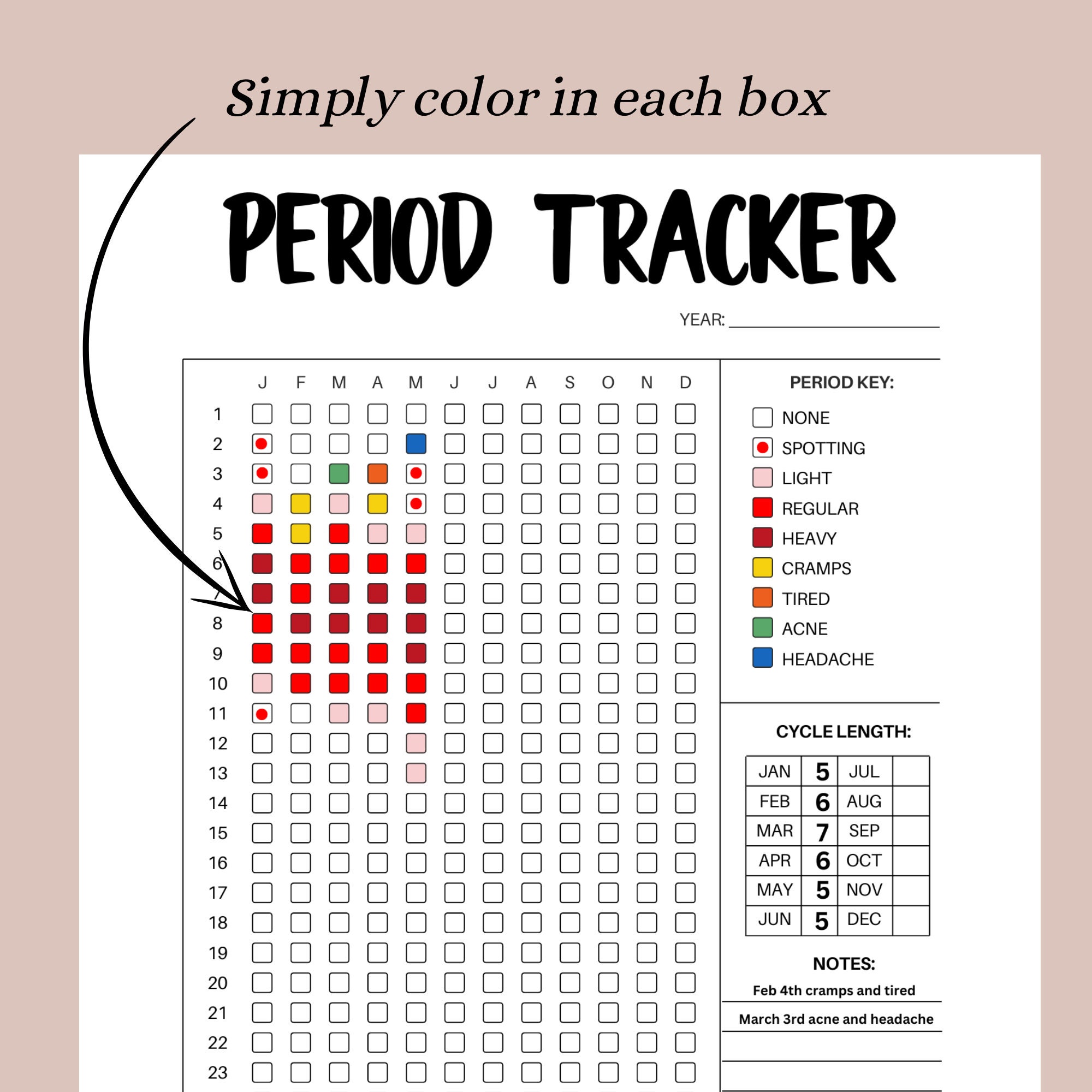 Period Tracker Printable, Period Calendar, Menstrual Symptoms, Cycle ...