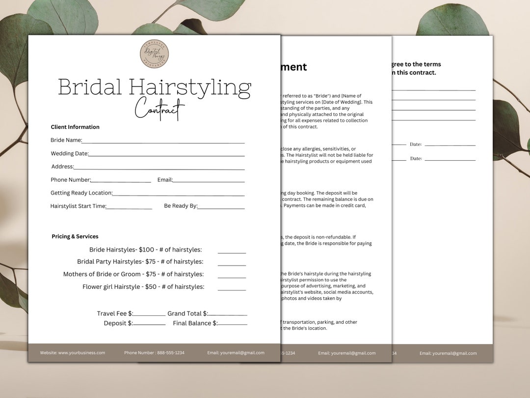 Bridal Hair Contract, Bridal Hair Styling Template, Bridal Contract ...