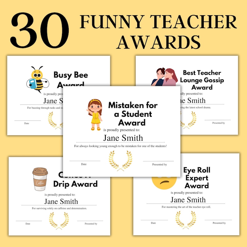 Funny Teacher Award Certificates, Teacher Appreciation Week, End of ...