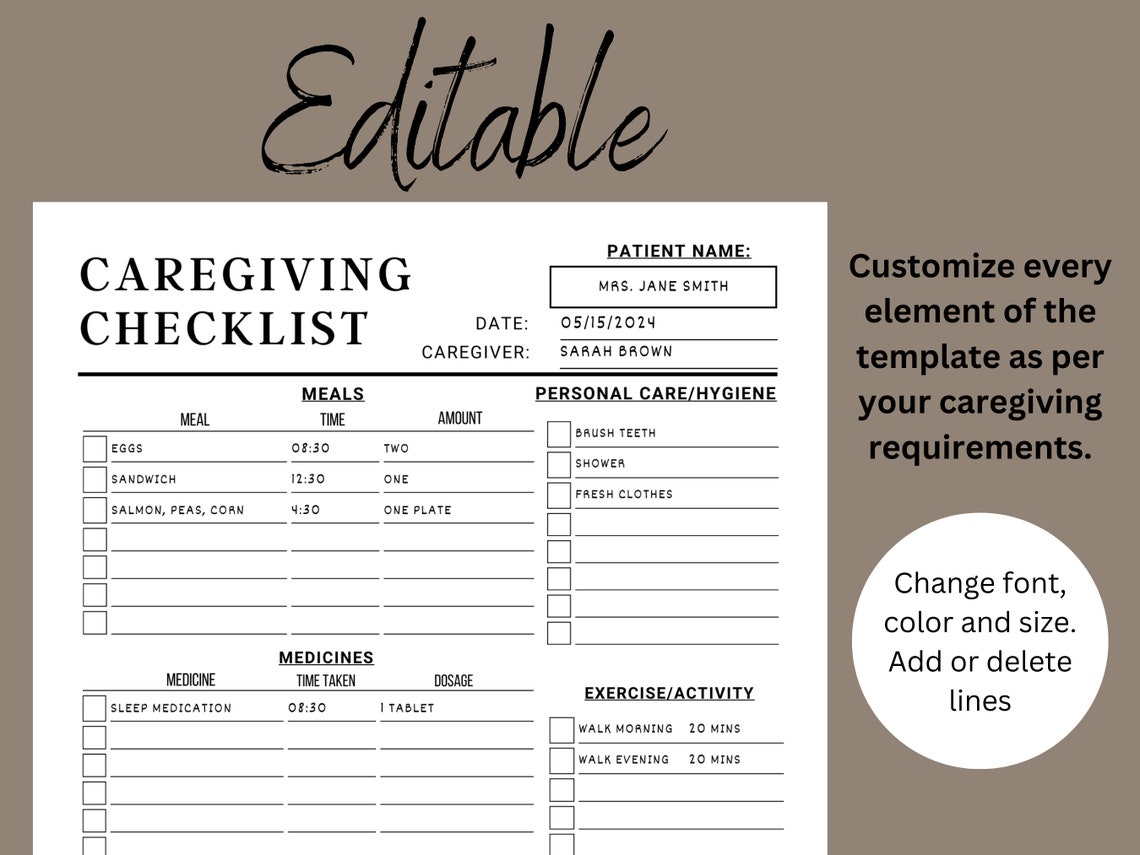 Caregiver Checklist, Caregiving Checklist, Caregiver Log, Elderly Care ...