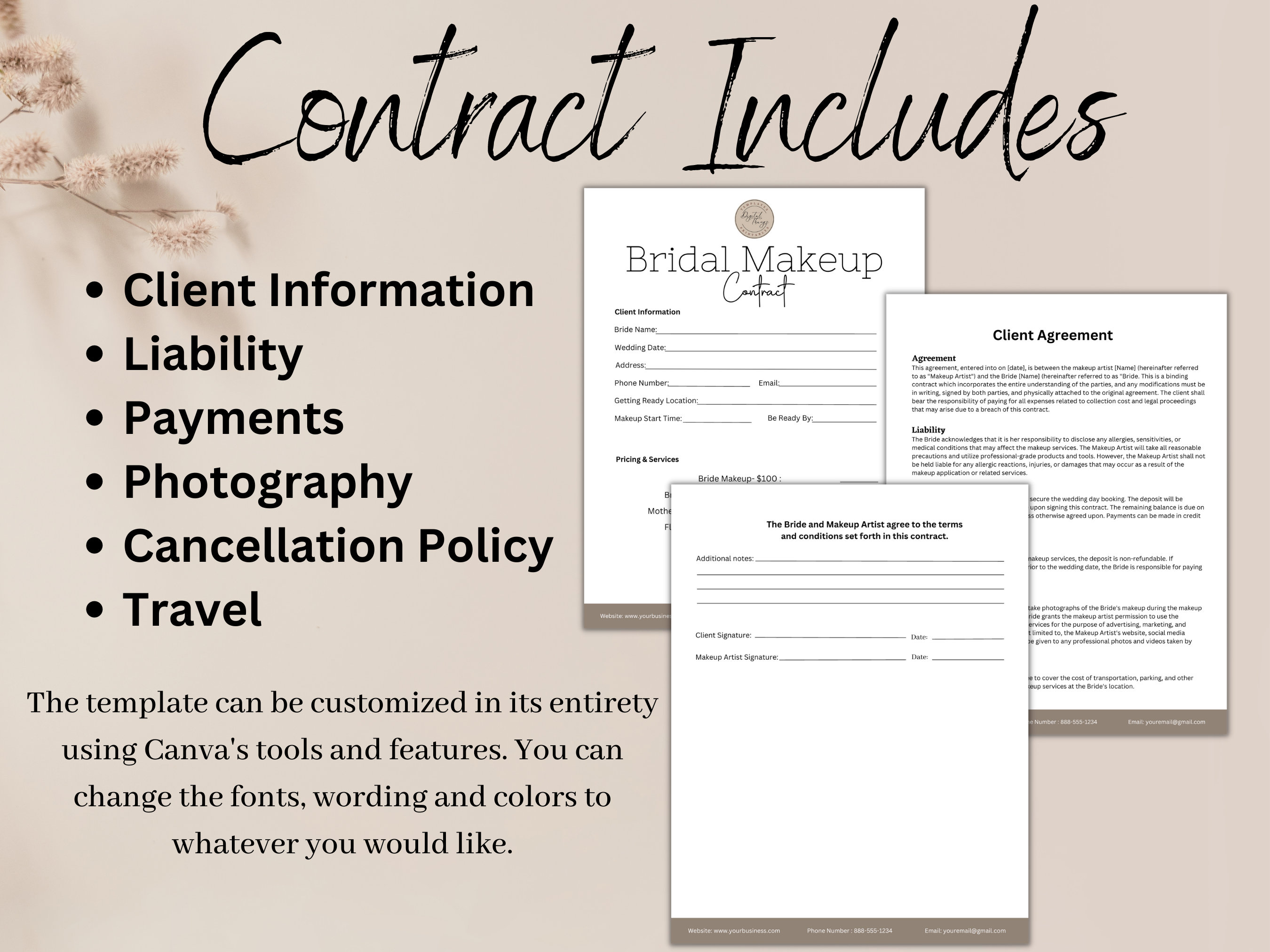 Bridal Makeup Contract, Editable Bridal Makeup Artist Contract Template ...