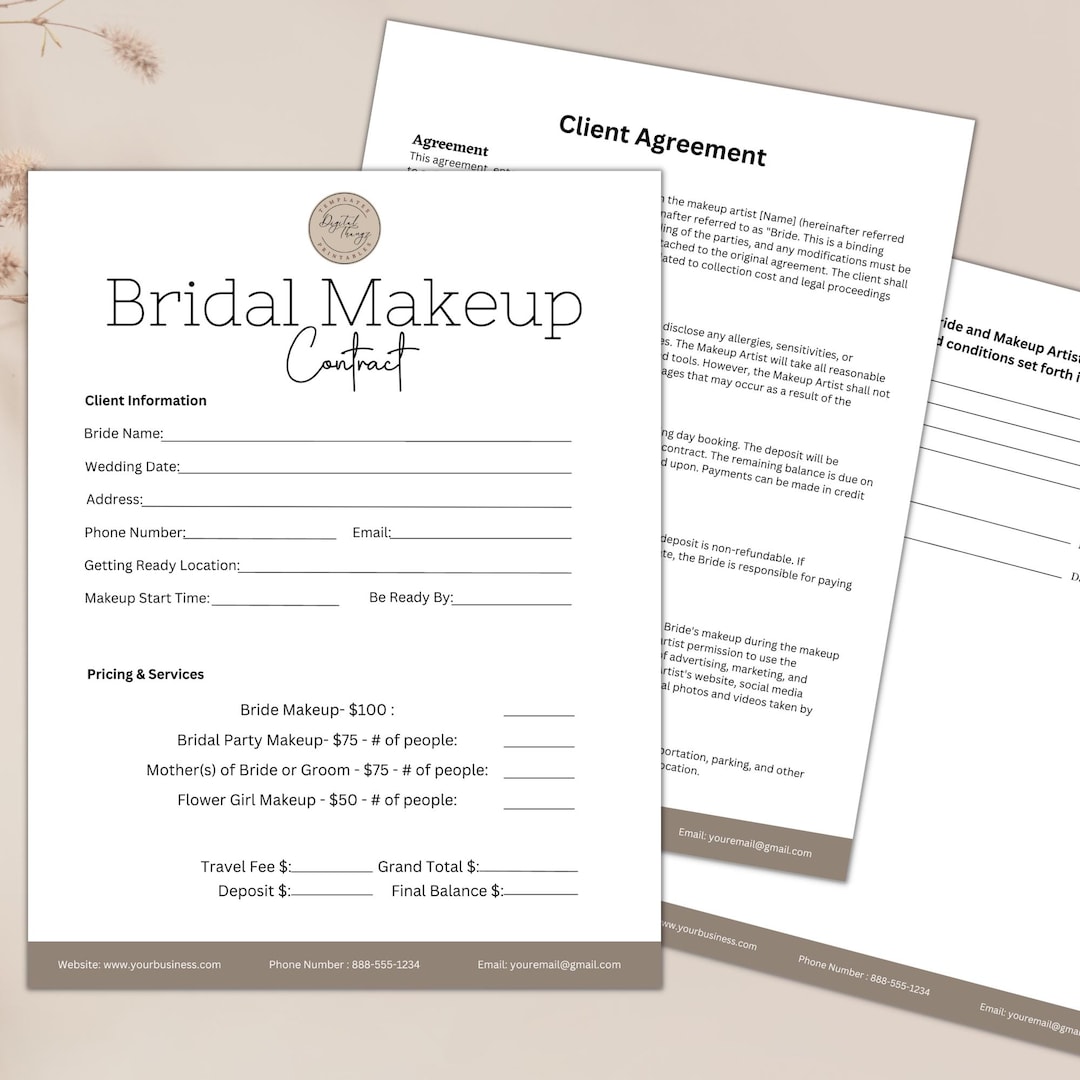 Bridal Makeup Contract, Editable Bridal Makeup Artist Contract Template ...