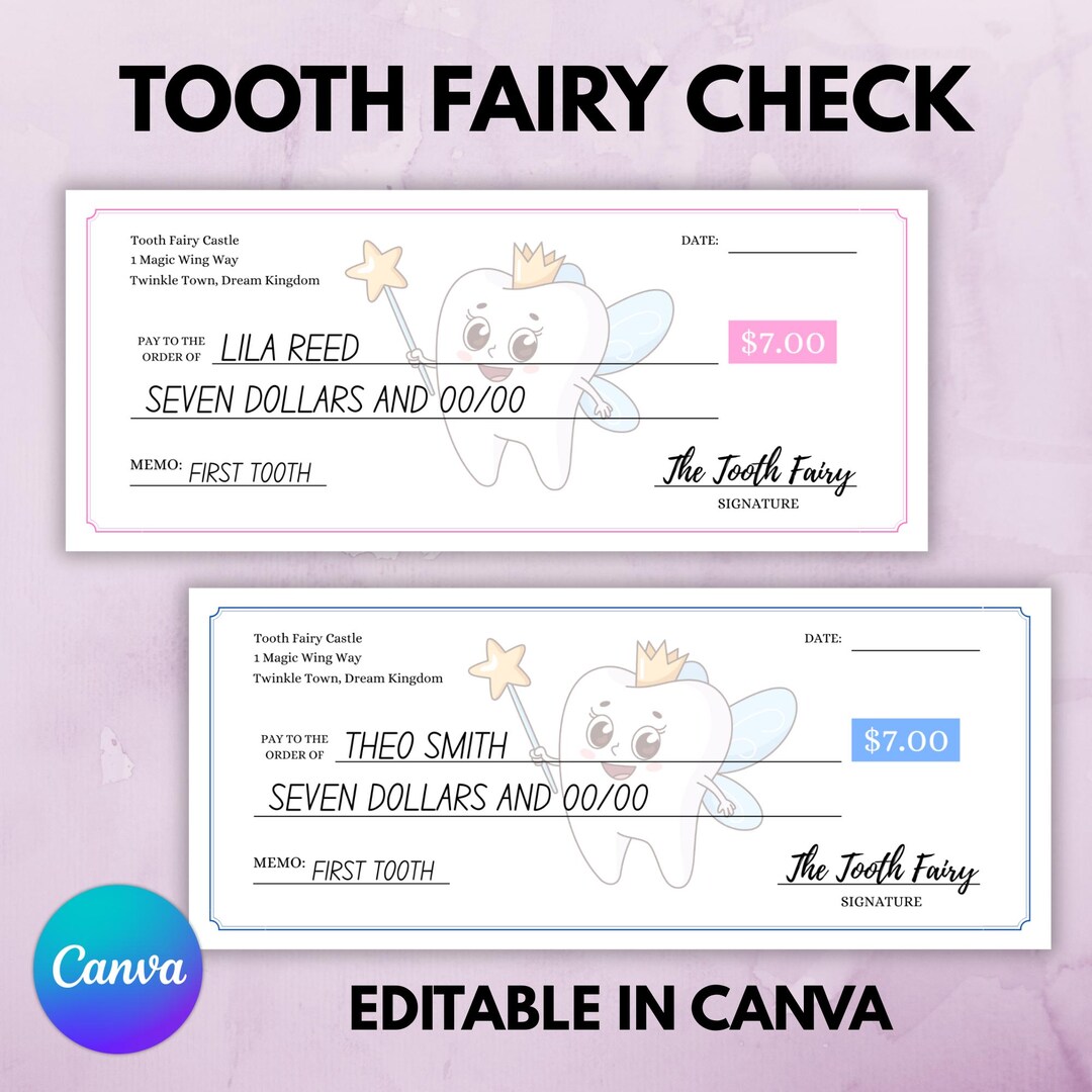 Editable Tooth Fairy Check Template for Kids, Printable Lost Tooth ...