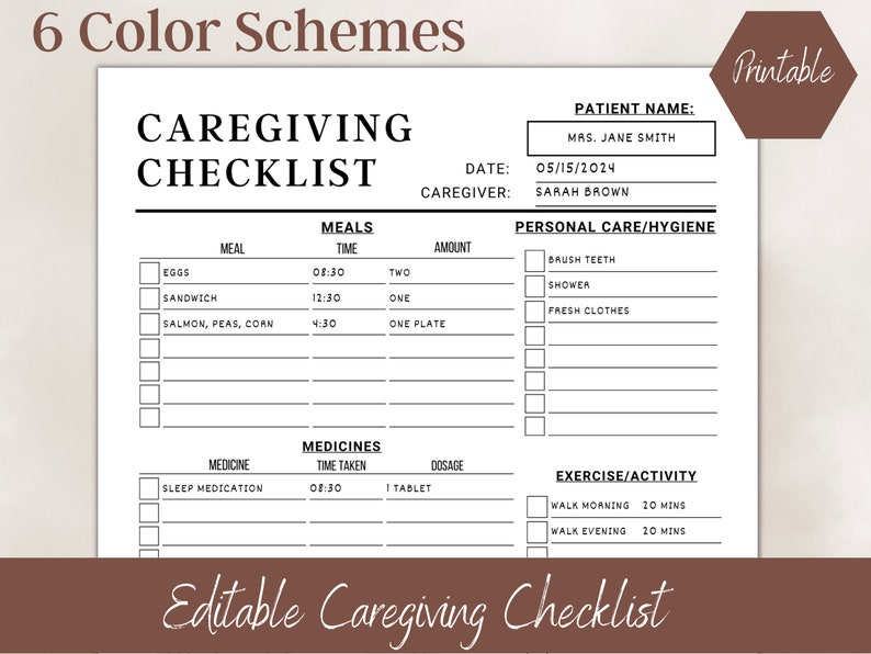 Caregiver Checklist, Caregiving Checklist, Caregiver Log, Elderly Care Log, Caregiver Daily Log ...