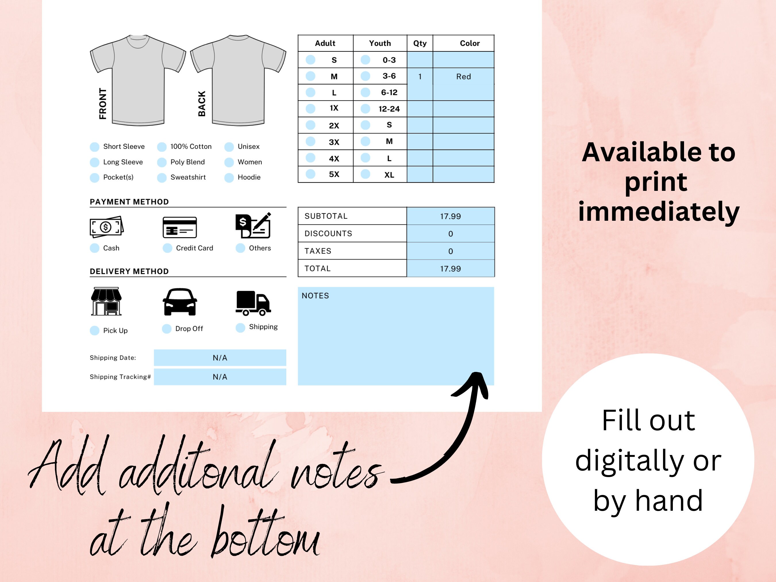 Shirt Order Form, Editable T-shirt Order Form Template, Custom Order ...