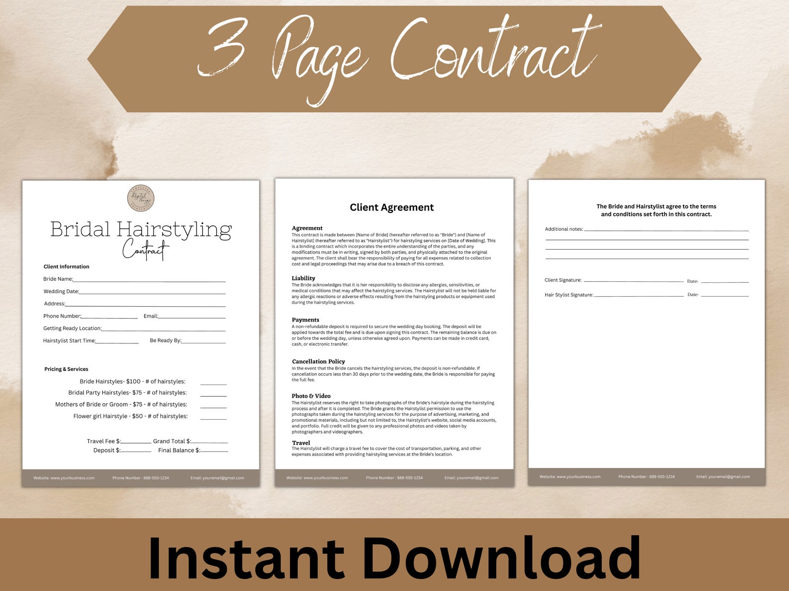 Bridal Hair Contract, Bridal Hair Styling Template, Bridal Contract ...