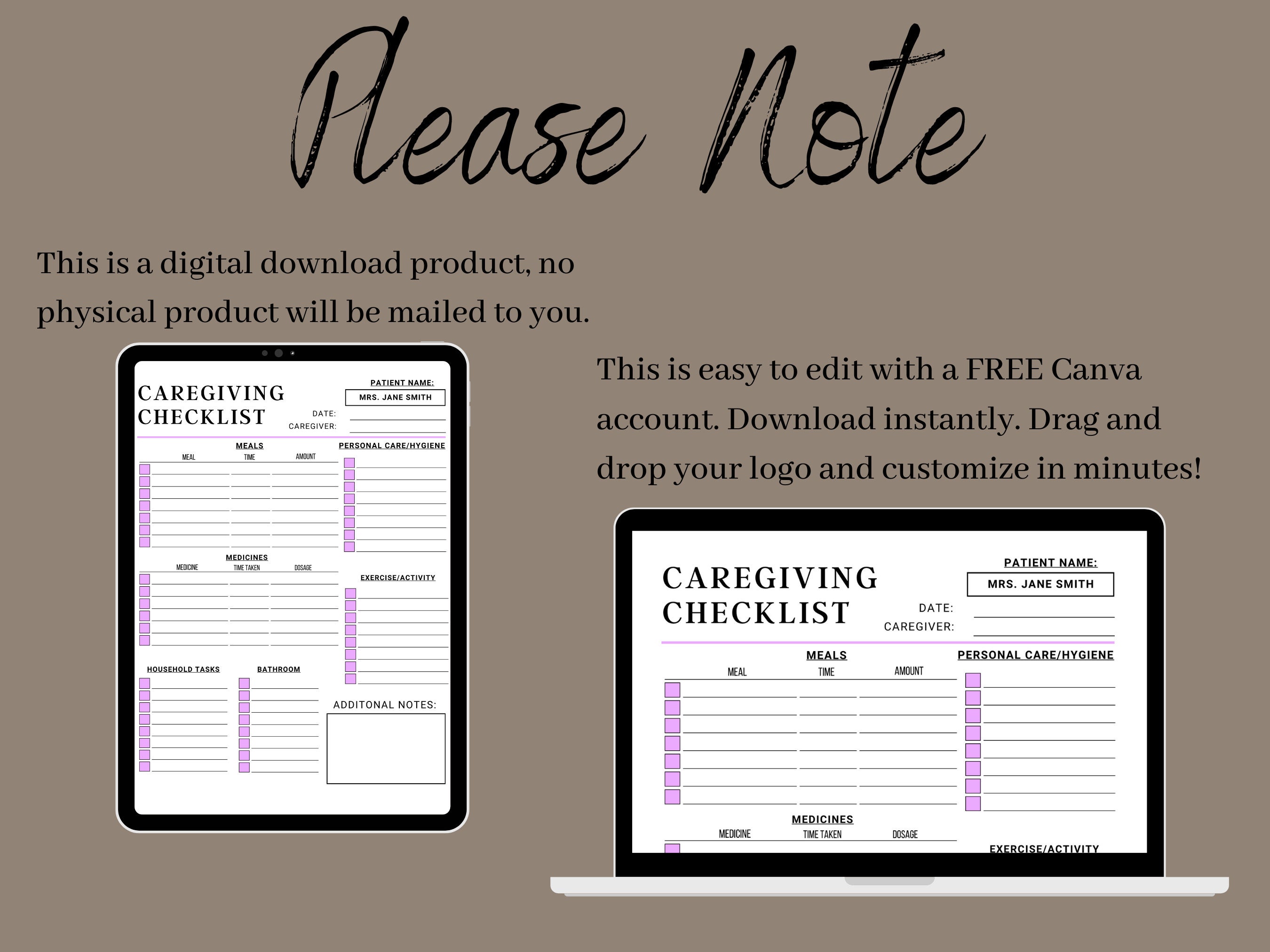 Caregiver Checklist, Caregiving Checklist, Caregiver Log, Elderly Care ...