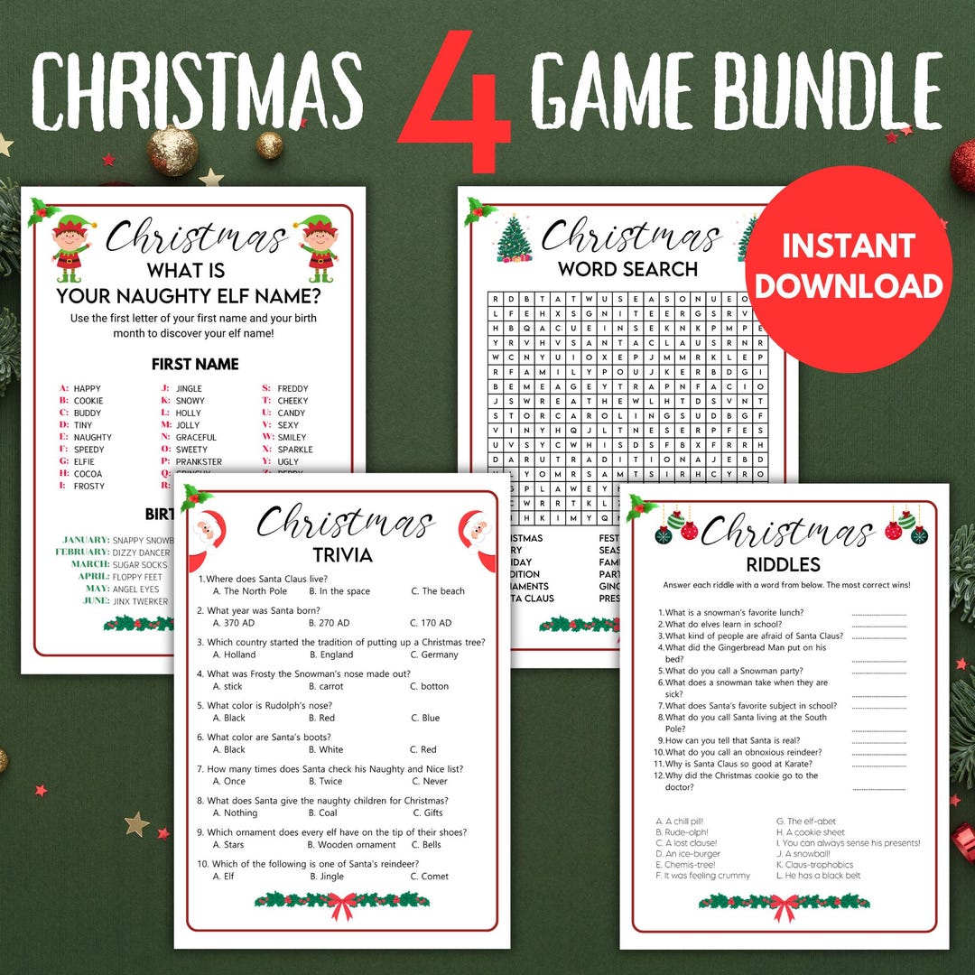 Printable Christmas Game Bundle, Family Christmas Trivia, Word Search ...