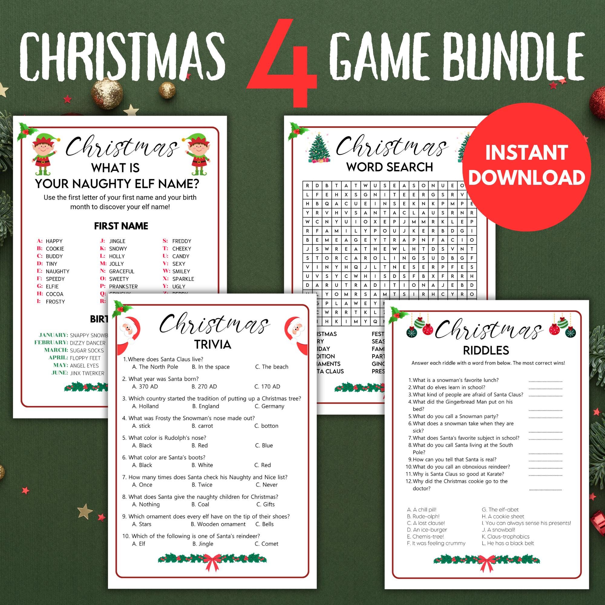 Printable Christmas Game Bundle, Family Christmas Trivia, Word Search ...