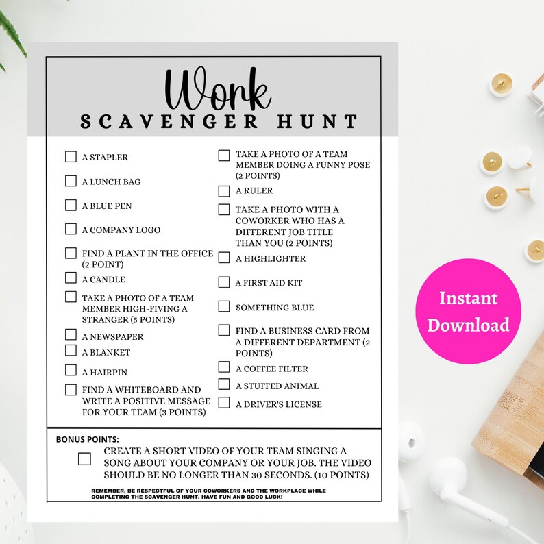 Work Scavenger Hunt, Team Building Games for Work, Office Party Games ...