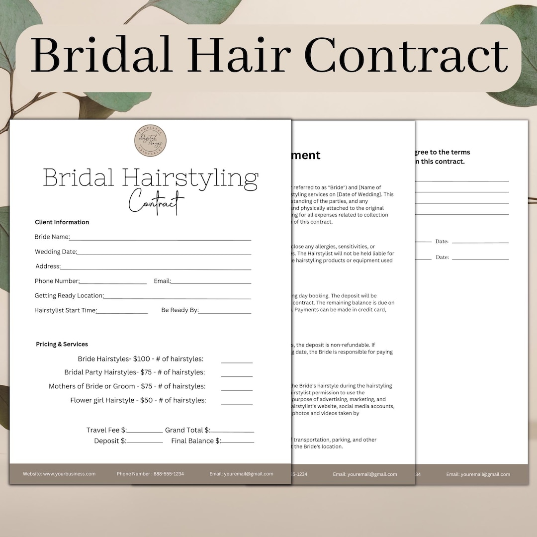 Bridal Hair Contract, Bridal Hair Styling Template, Bridal Contract ...