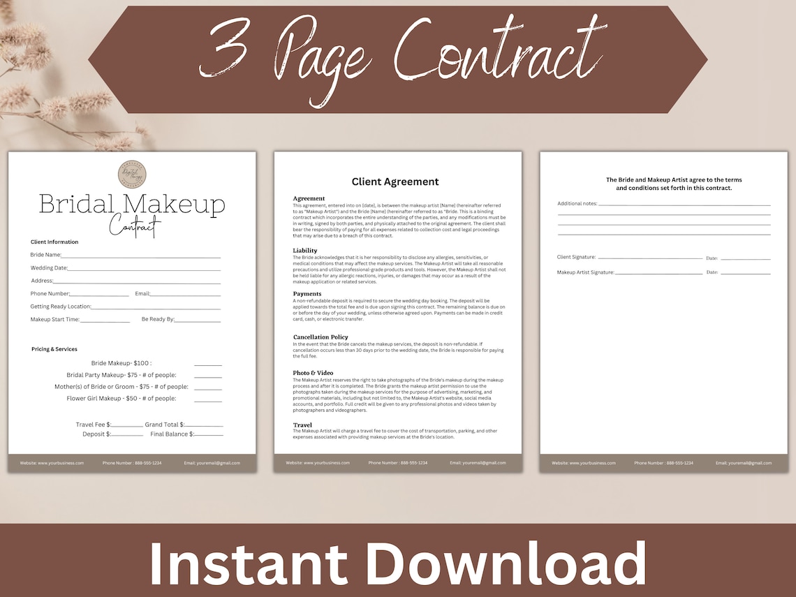 Bridal Makeup Contract, Editable Bridal Makeup Artist Contract Template ...
