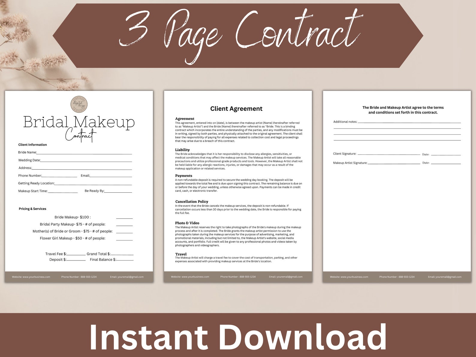 Bridal Makeup Contract, Editable Bridal Makeup Artist Contract Template ...