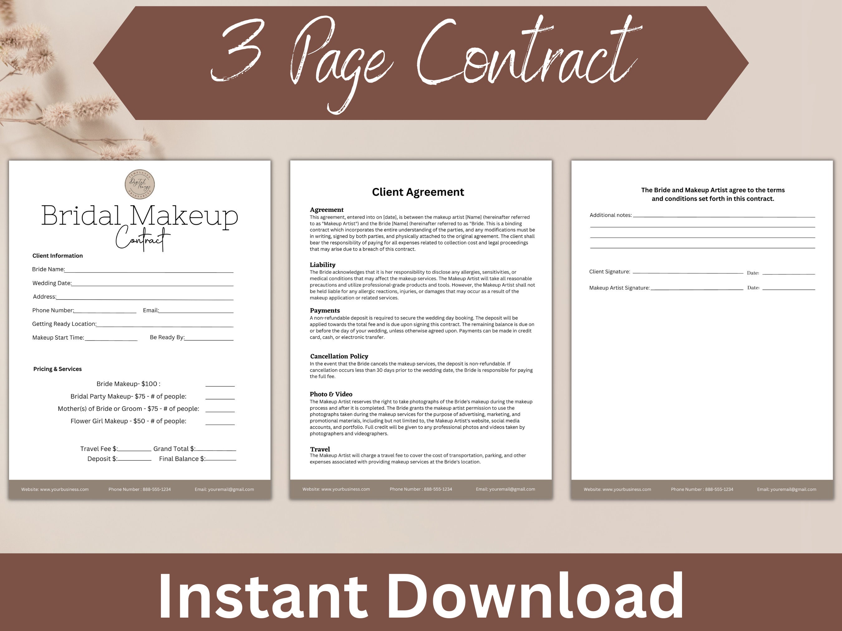 Bridal Makeup Contract, Editable Bridal Makeup Artist Contract Template ...