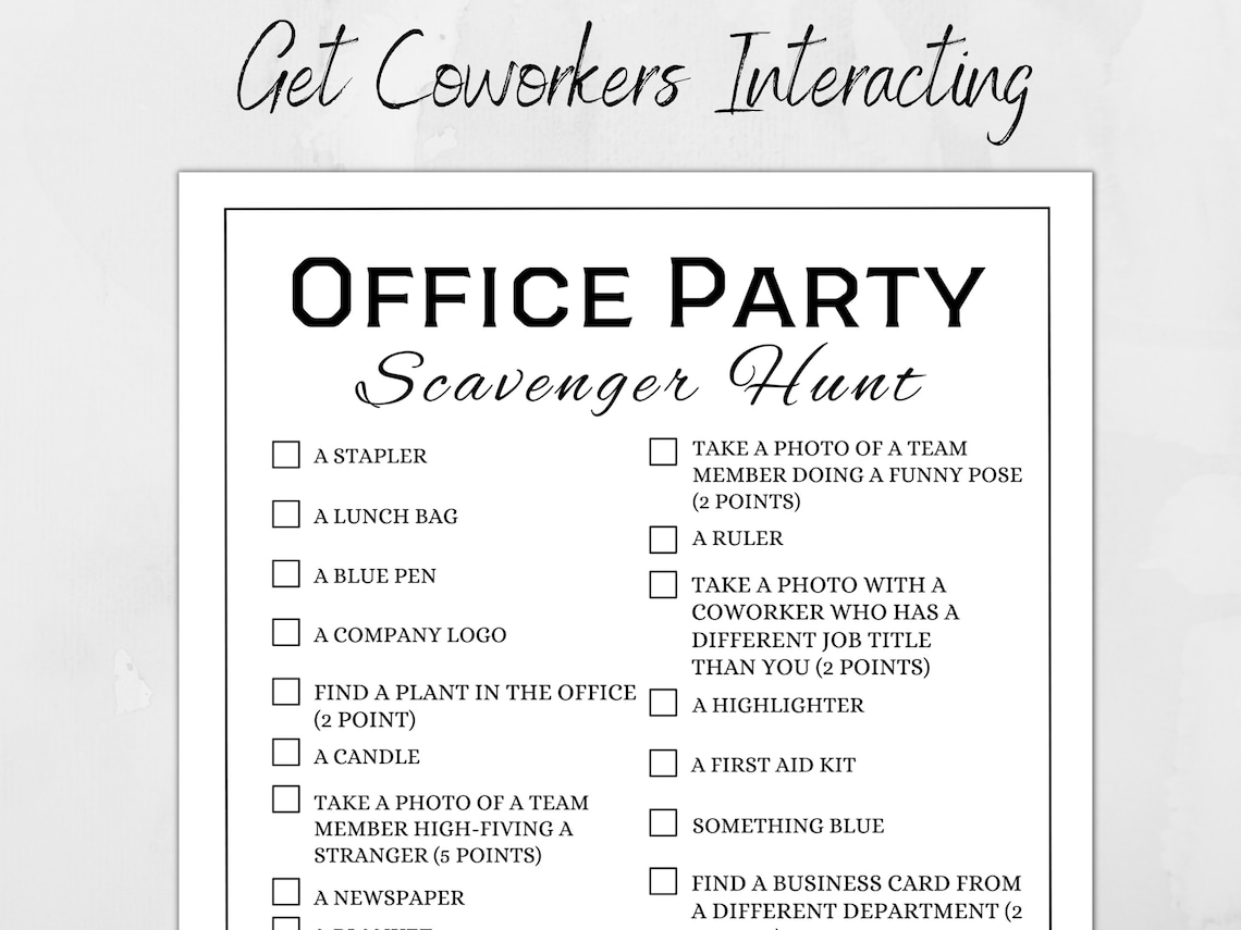 Office Party Scavenger Hunt, Work Scavenger Hunt, Team Building Games ...