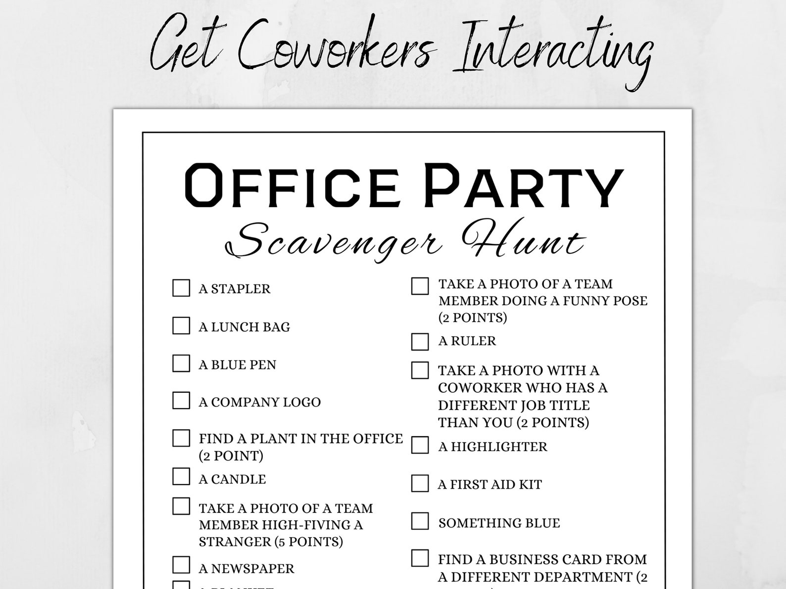 Office Party Scavenger Hunt, Work Scavenger Hunt, Team Building Games ...
