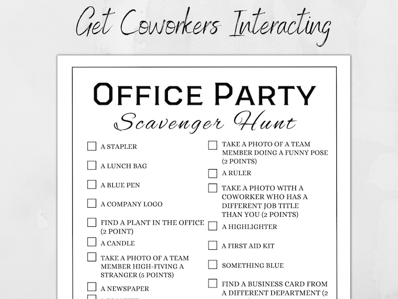 Office Party Scavenger Hunt, Work Scavenger Hunt, Team Building Games ...