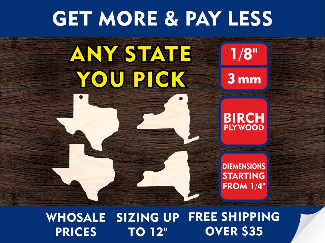 Choose Size and Qty .25" to 12" | Unfinished States Craft Shape | DIY ...