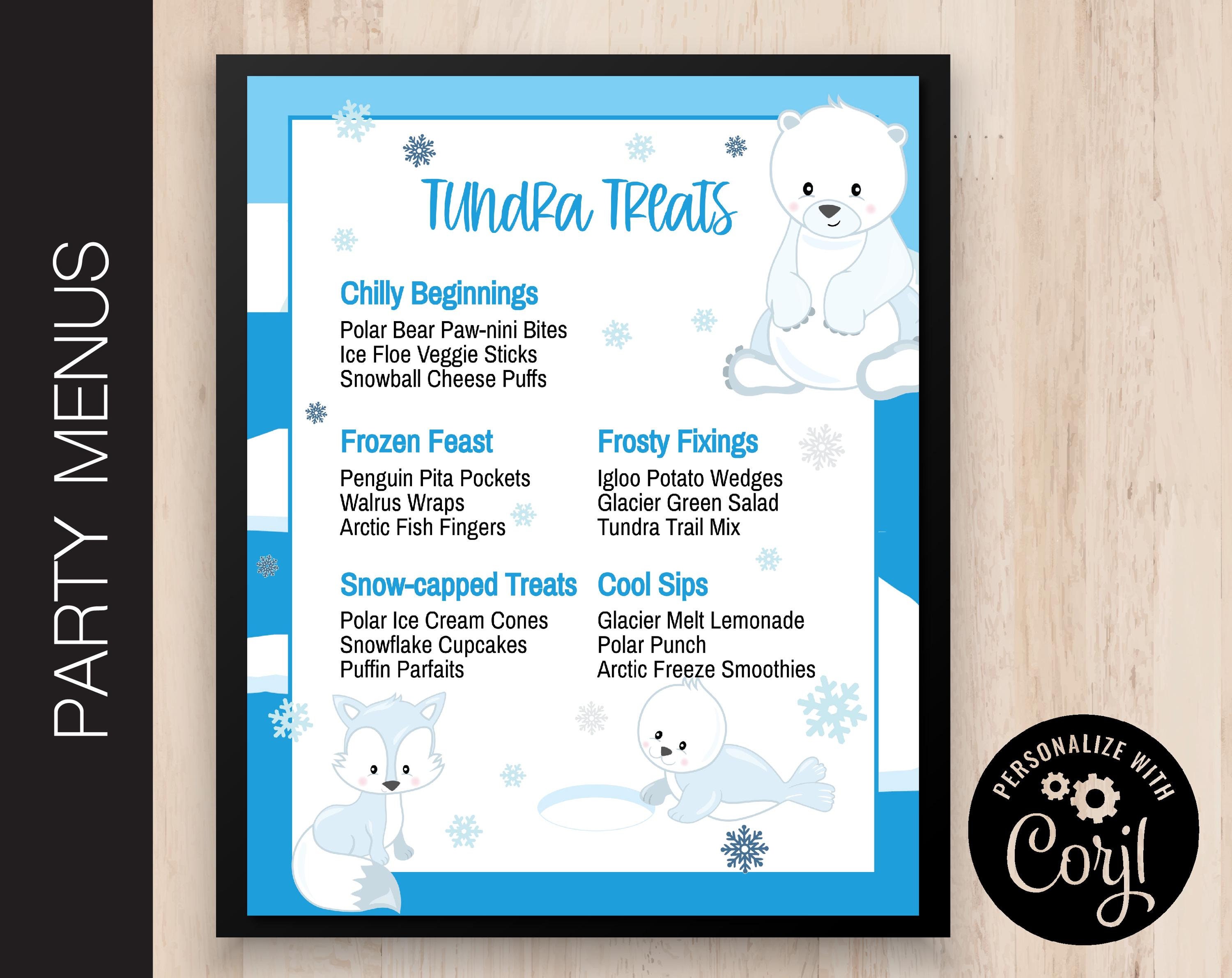Editable ARCTIC ANIMALS Party Menu | Food Menu | Drink Sign ...