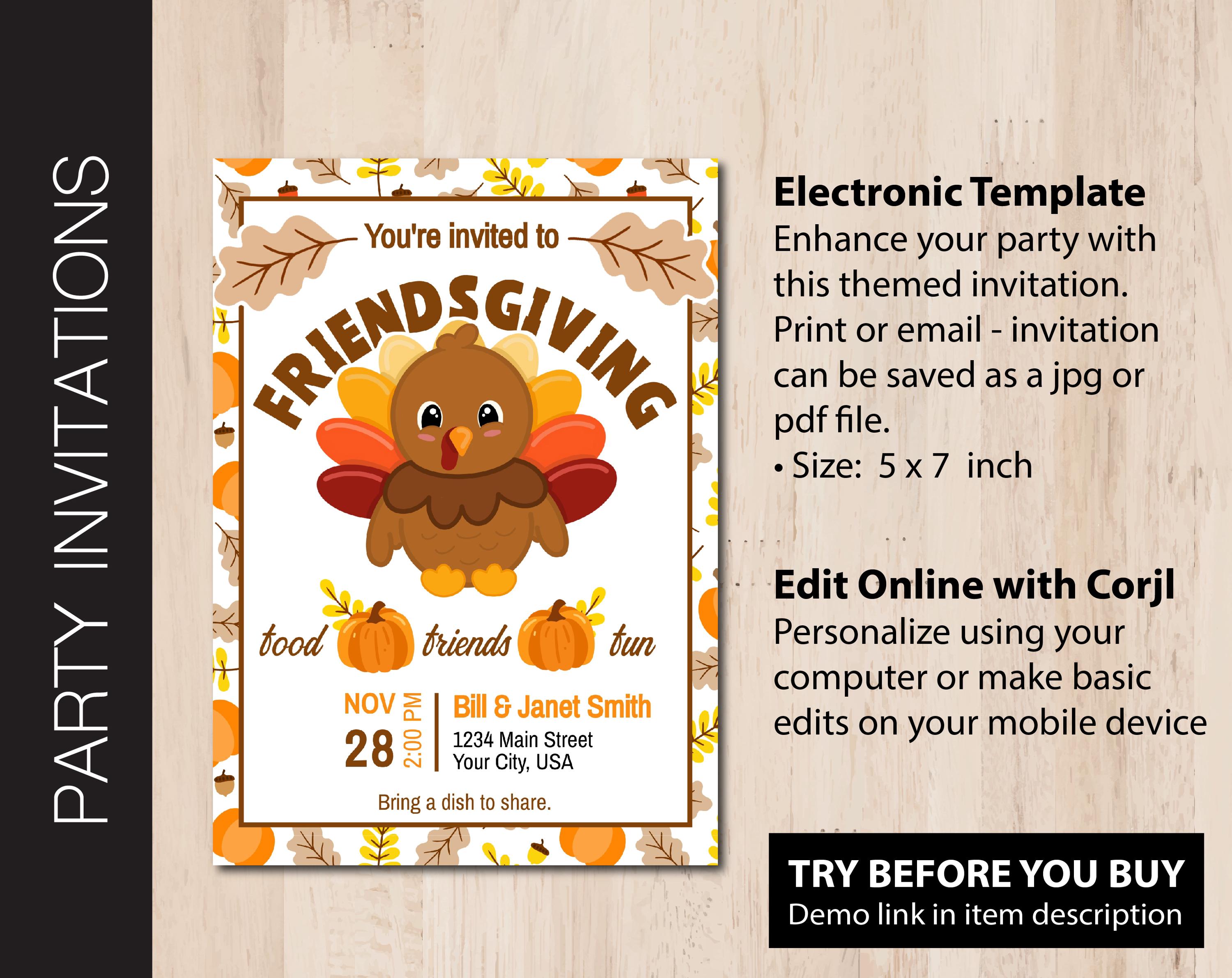 Editable FRIENDSGIVING Dinner Invitation | Thanksgiving Potluck Invite ...