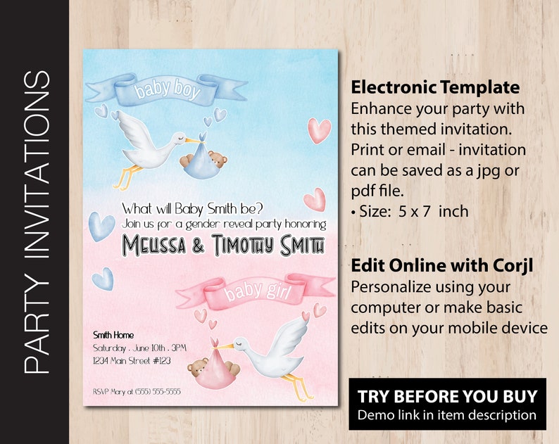 Editable Storks Baby GENDER REVEAL Party Invitation Reveal Party Boy or ...