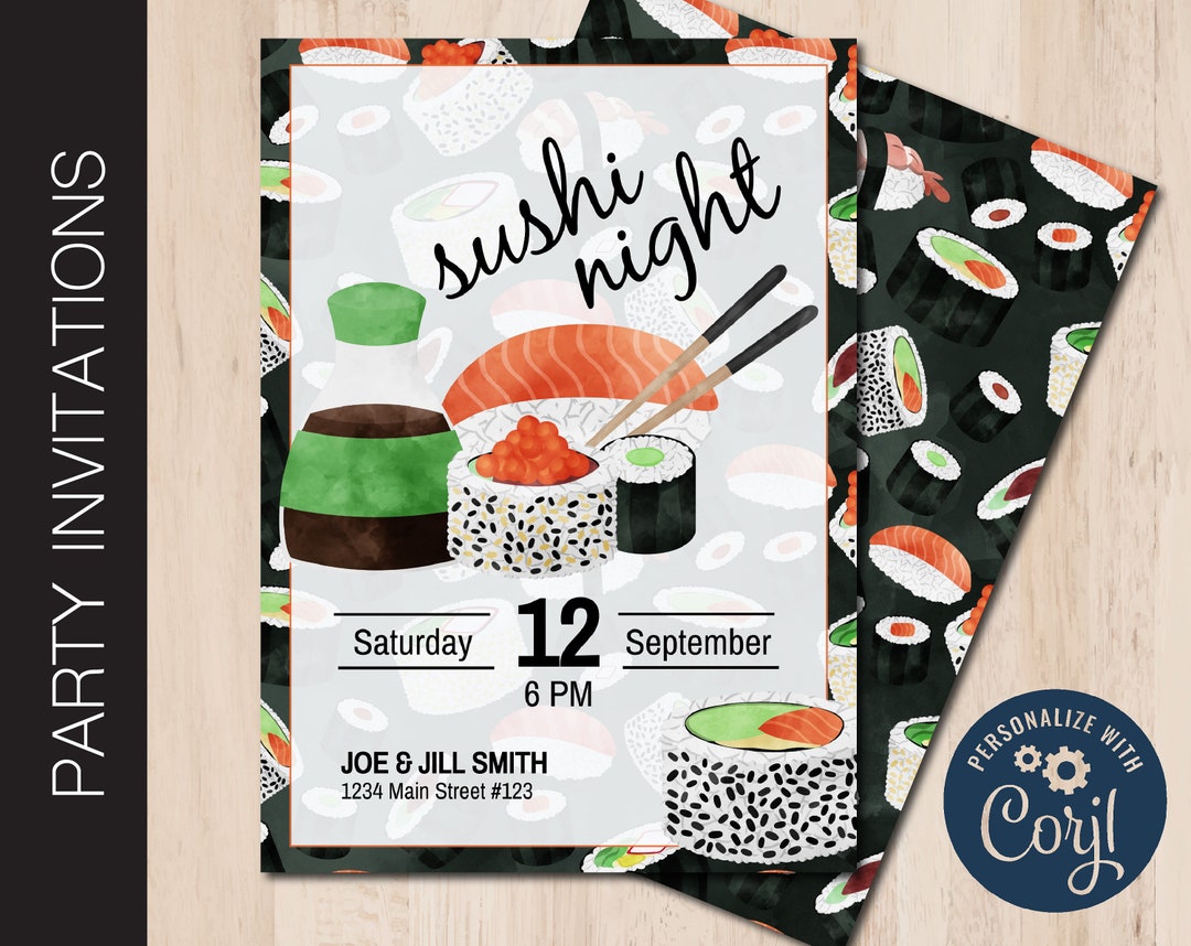 Editable SUSHI NIGHT Party Invitation Dinner Party Invite Print or ...