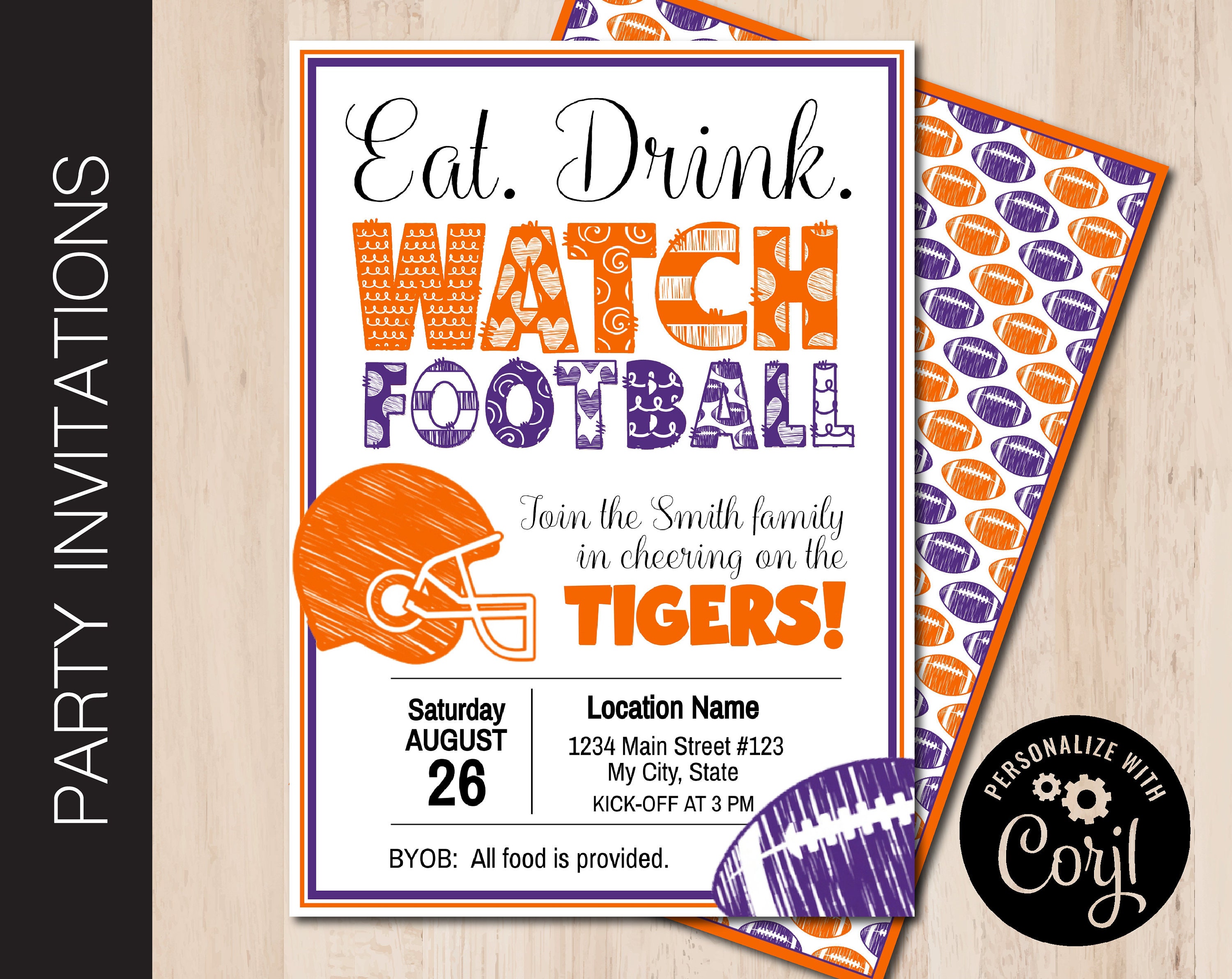 Editable FOOTBALL WATCH Party Invitation Orange & Purple Colors Game ...