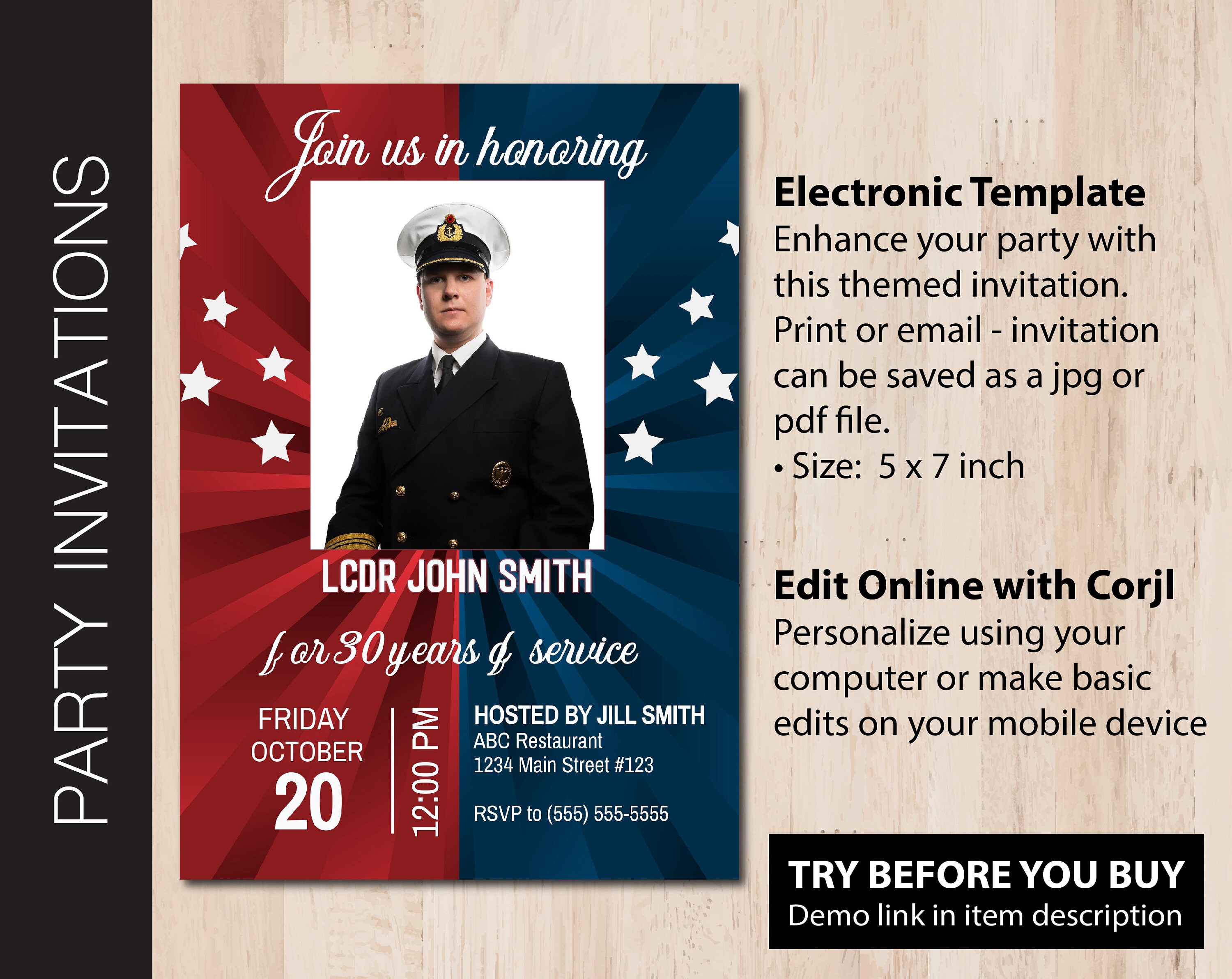 Editable PATRIOTIC RETIREMENT Party Invitation | Military | Policeman ...