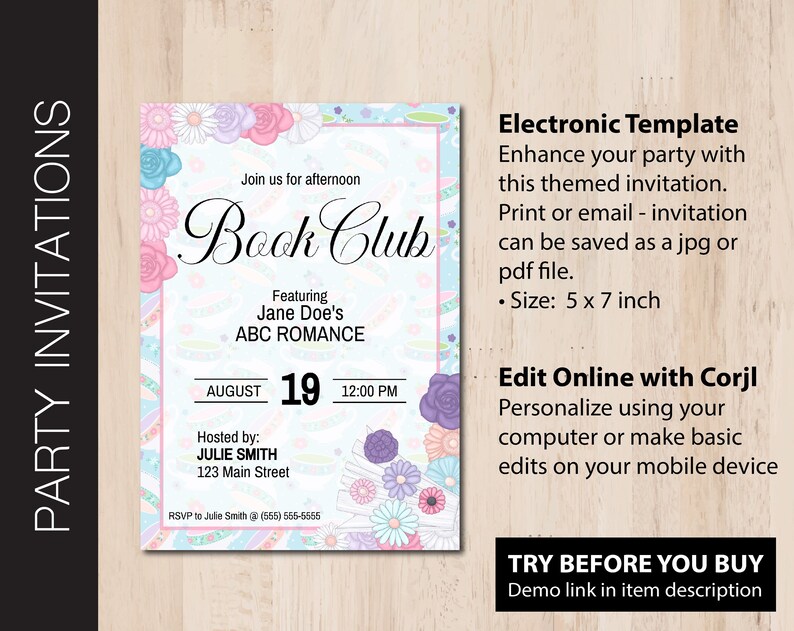 Editable BOOK CLUB Invitation | Reading Party | Library Get Together ...