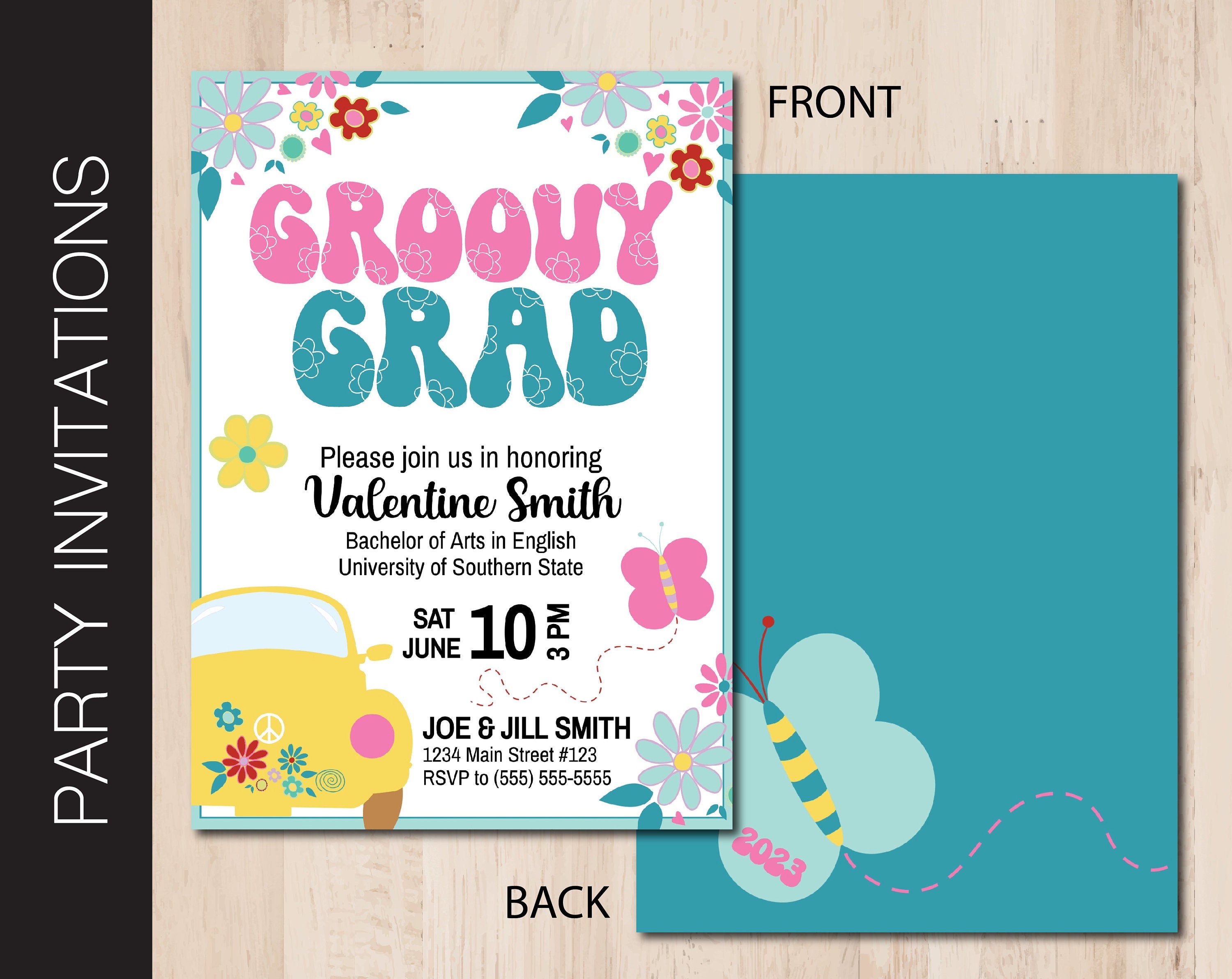 Editable GROOVY GRAD Party Invitation High School Invite College Grad ...