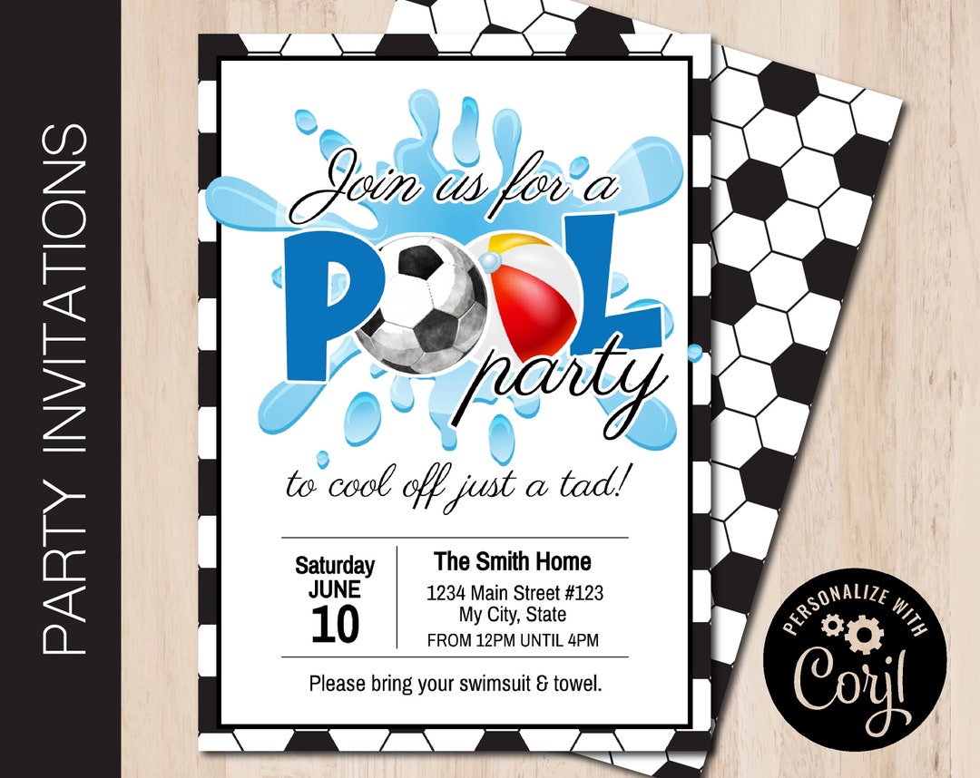 Editable SOCCER Themed Pool Party Invitation Soccer Party Invite Pool ...
