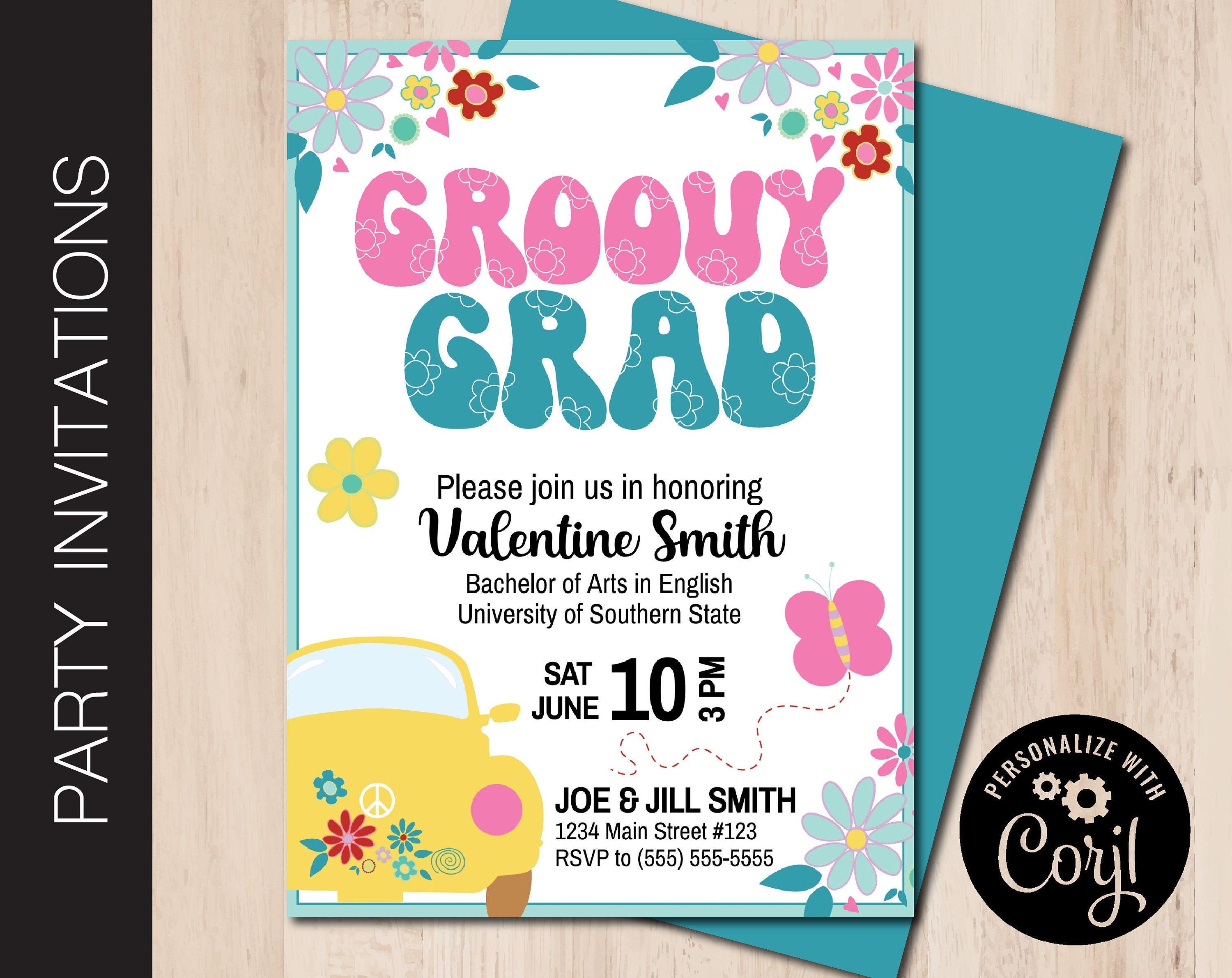 Editable GROOVY GRAD Party Invitation High School Invite College Grad ...