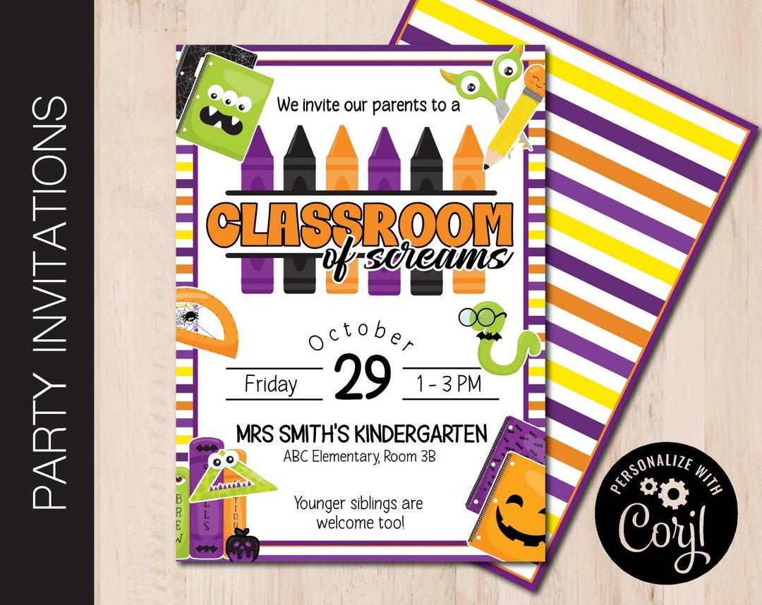 Editable CLASSROOM of SCREAMS Party Invitation | Halloween Party Invite ...