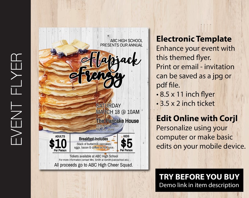 Editable Pancake Fundraiser Event Flyer | Custom Breakfast Charity ...