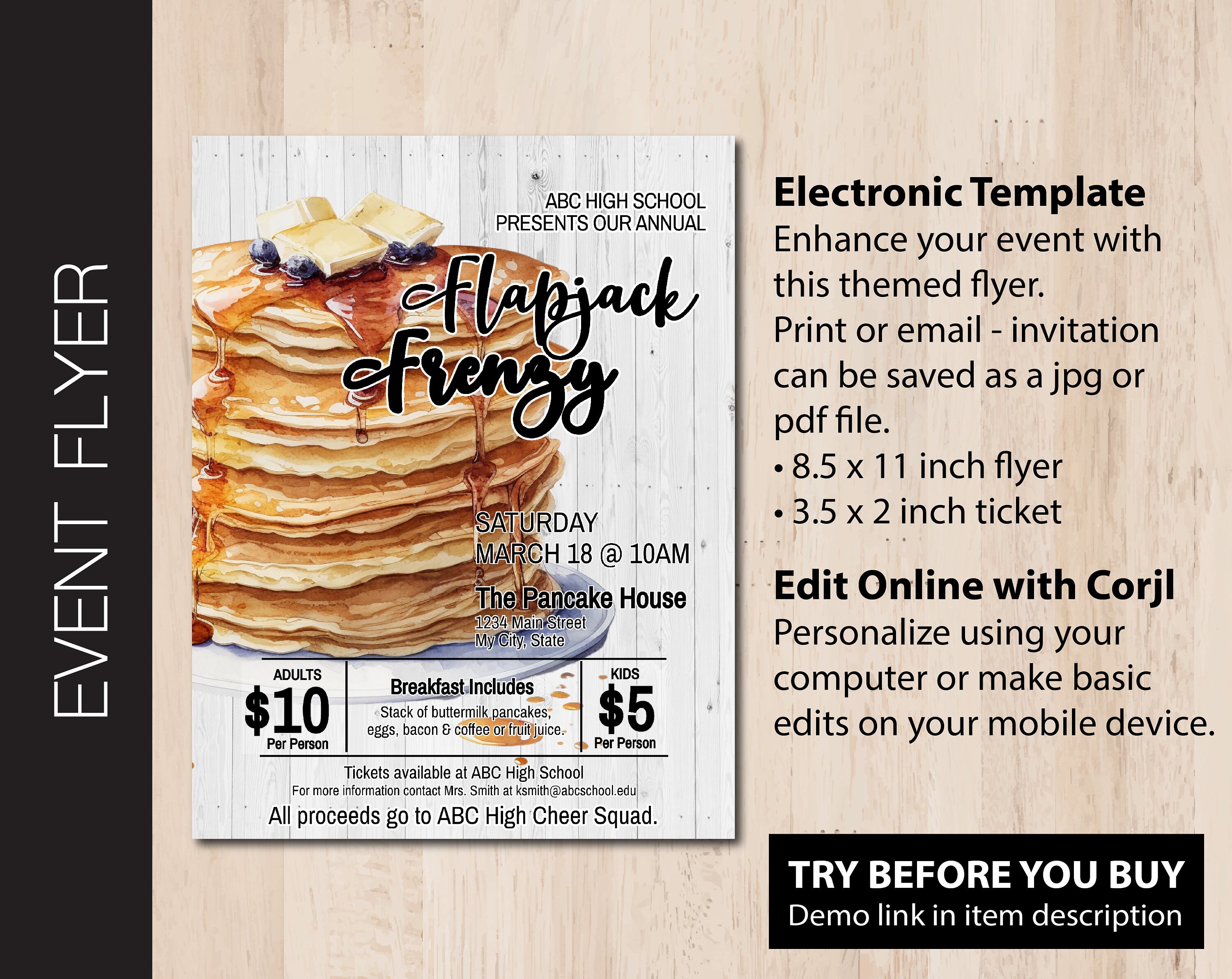 Editable Pancake Fundraiser Event Flyer | Custom Breakfast Charity ...