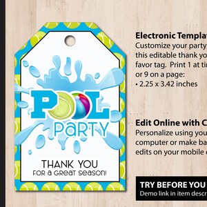 Printable TENNIS POOL Party Favor Tags | Party Gift Tag | Goodie Bag ...