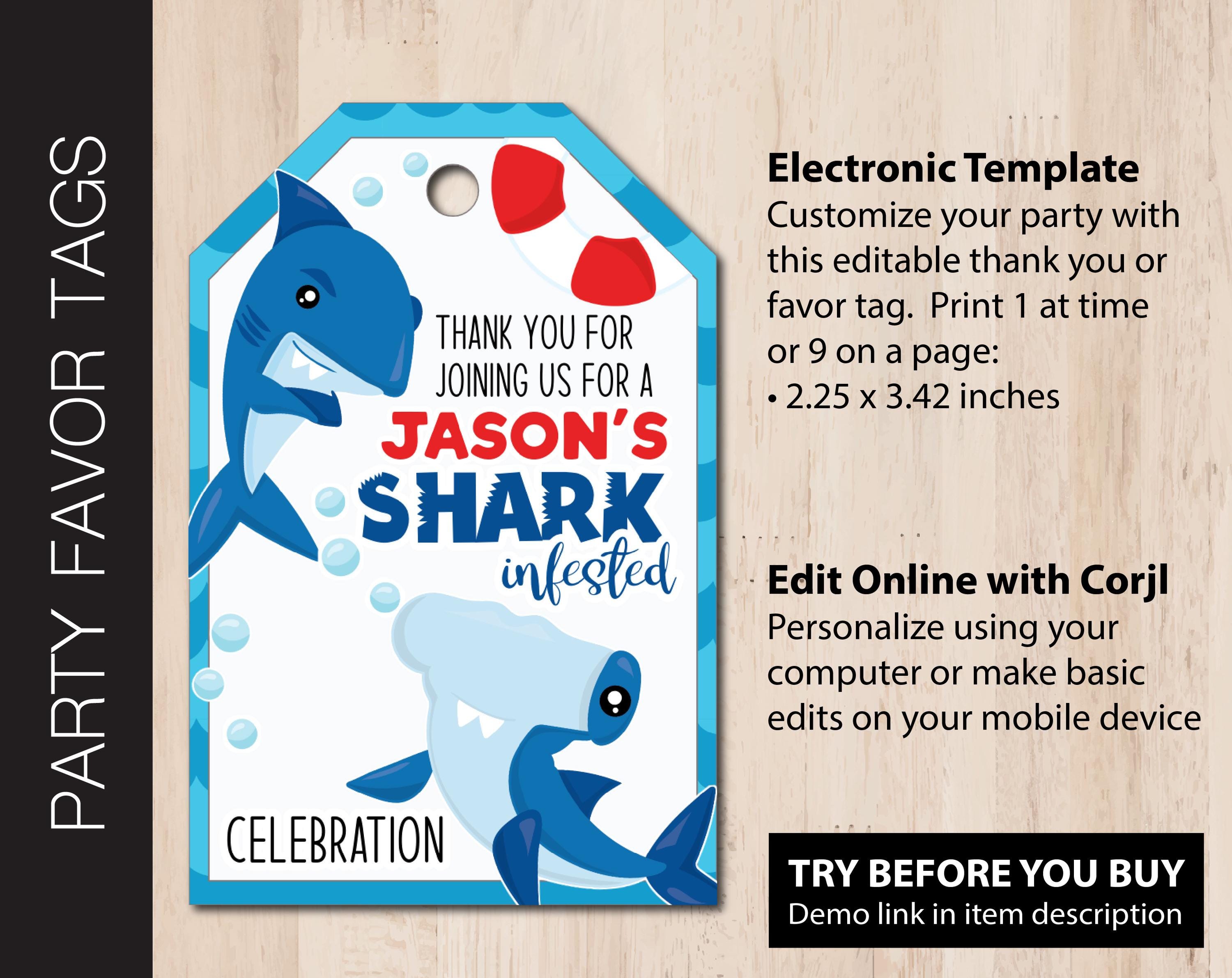Printable SHARK Party Favor Tags | Party Gift Tag | Goodie Bag Tag ...