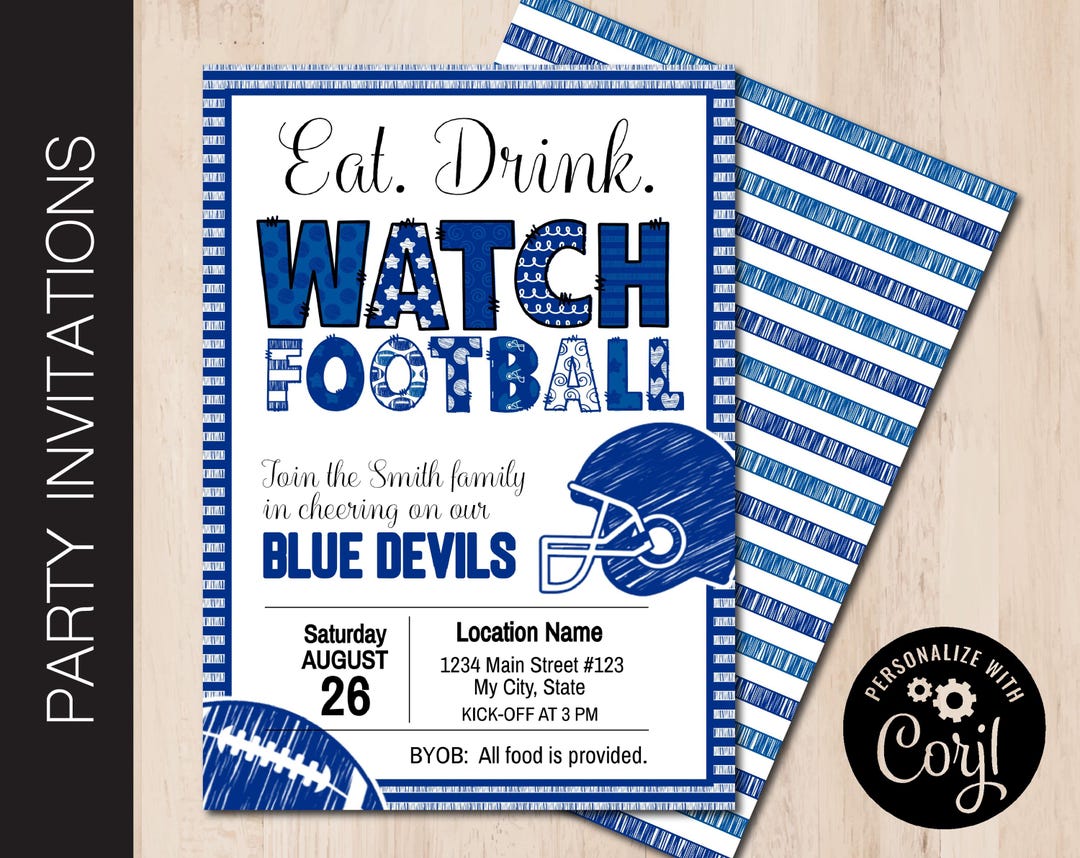 Editable FOOTBALL WATCH Party Invitation Blue & White Colors Game Day ...