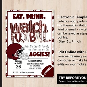 Editable FOOTBALL WATCH Party Invitation | Maroon & White Colors | Game ...