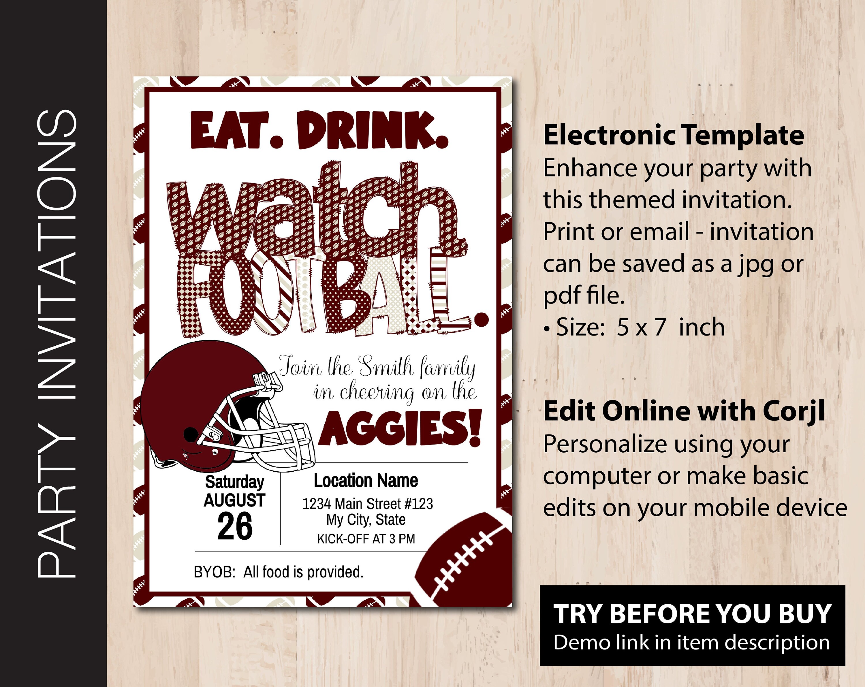Editable FOOTBALL WATCH Party Invitation | Maroon & White Colors | Game ...