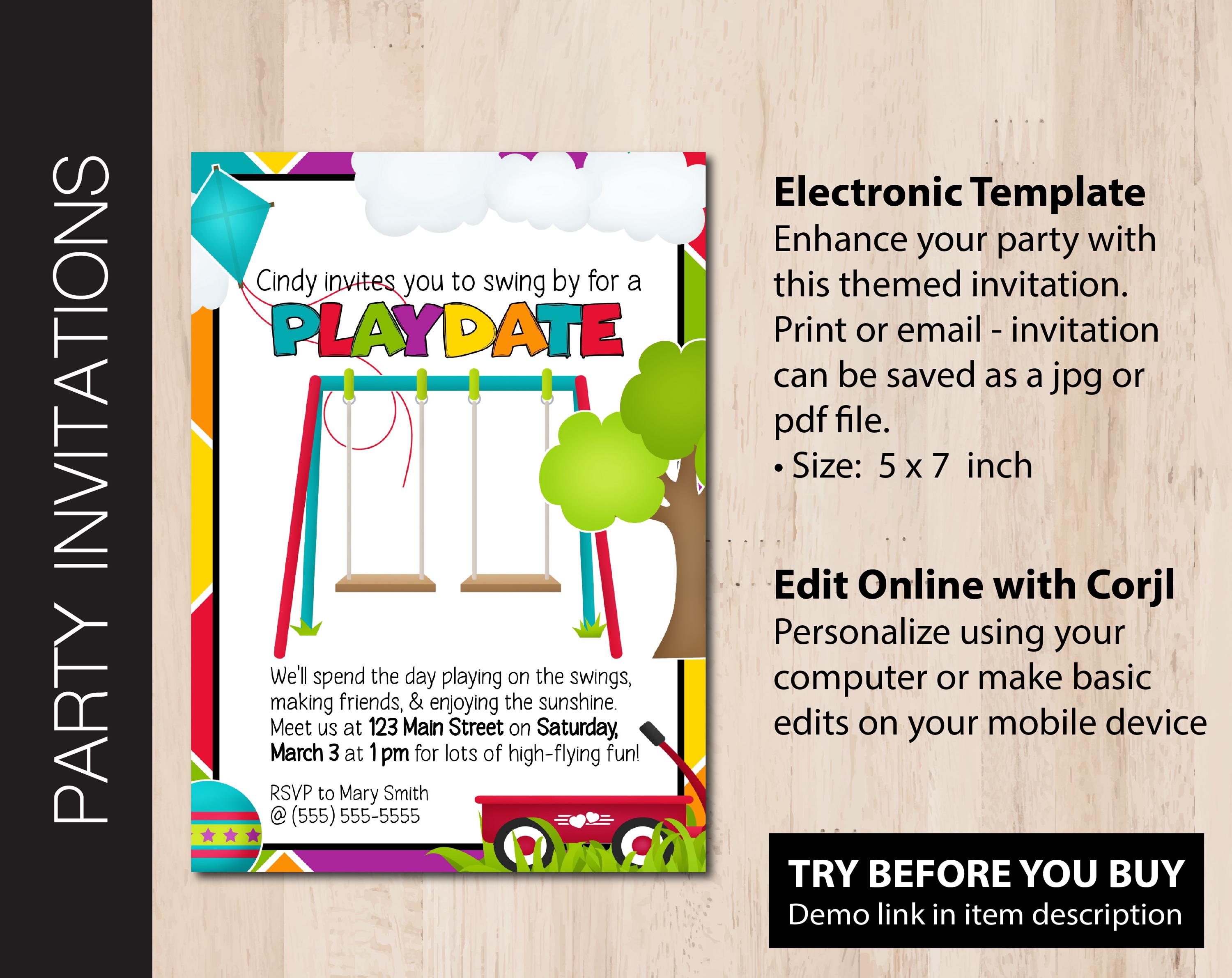 Editable SWING by PLAYDATE Invitation | Kids Get Together | Playtime ...